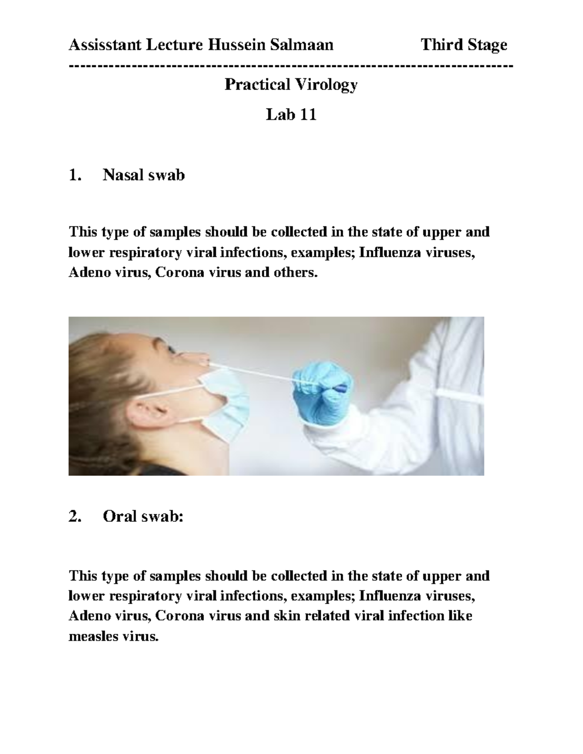 1. Nasal swab - Practical Virology - Assisstant Lecture Hussein Salmaan ...