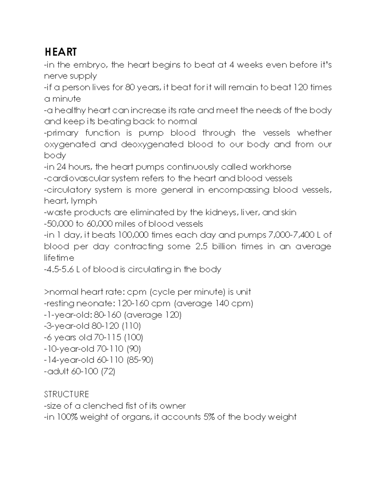 Heart Notes - HEART -in the embryo, the heart begins to beat at 4 weeks ...