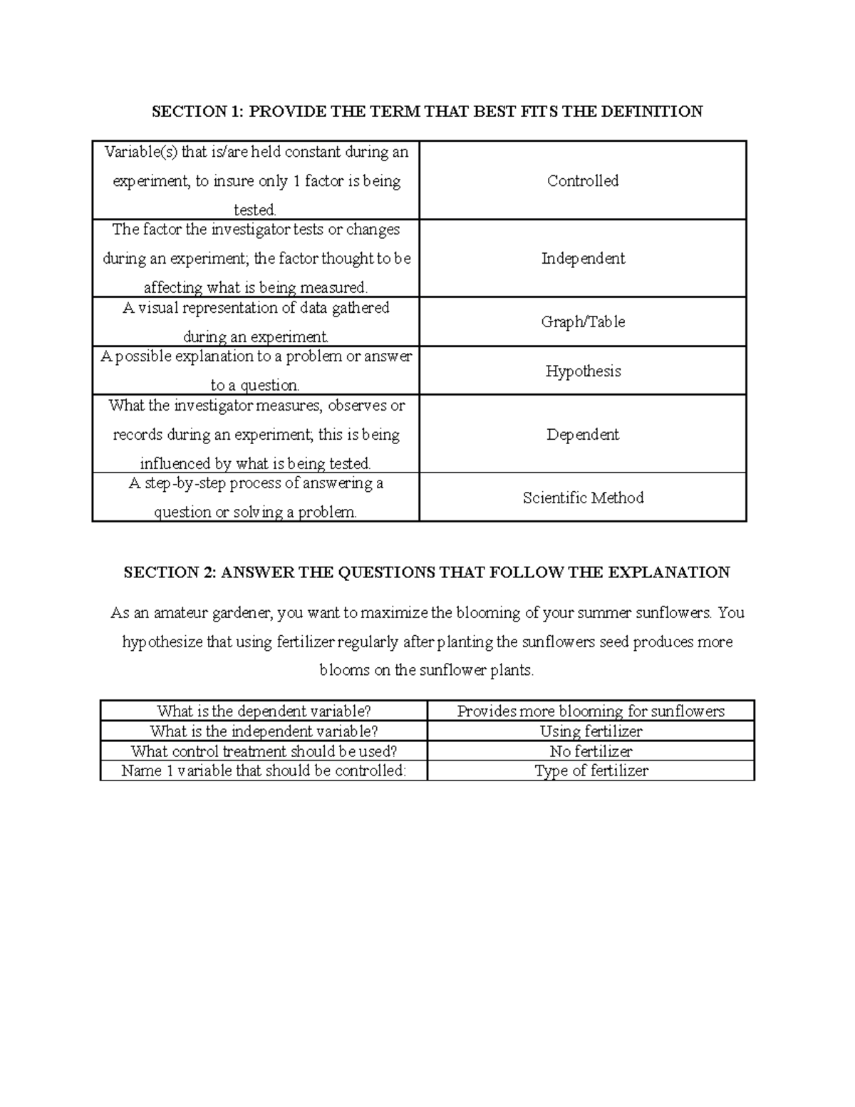 BIO 110 - Lab 1 Quiz - Quiz - SECTION 1: PROVIDE THE TERM THAT BEST ...