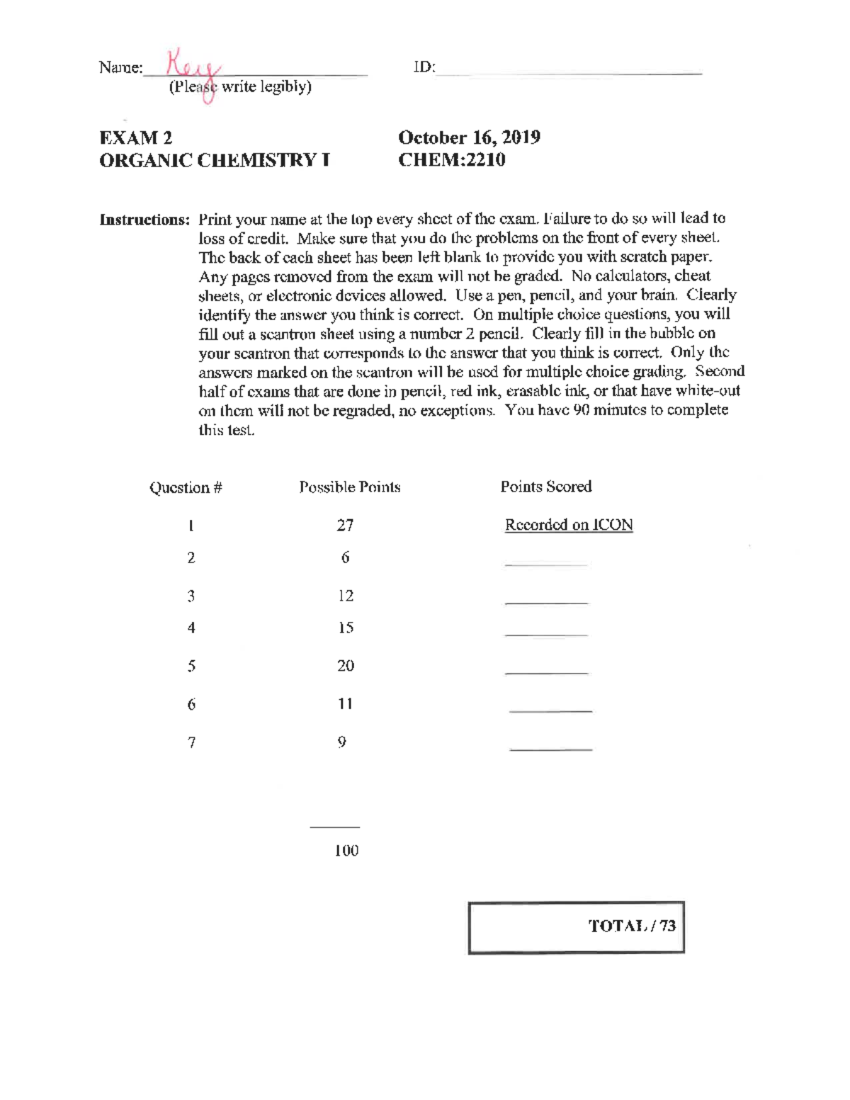 Exam 2 F19 key - Exam 2 practice exam key - CHEM2210000A - Studocu