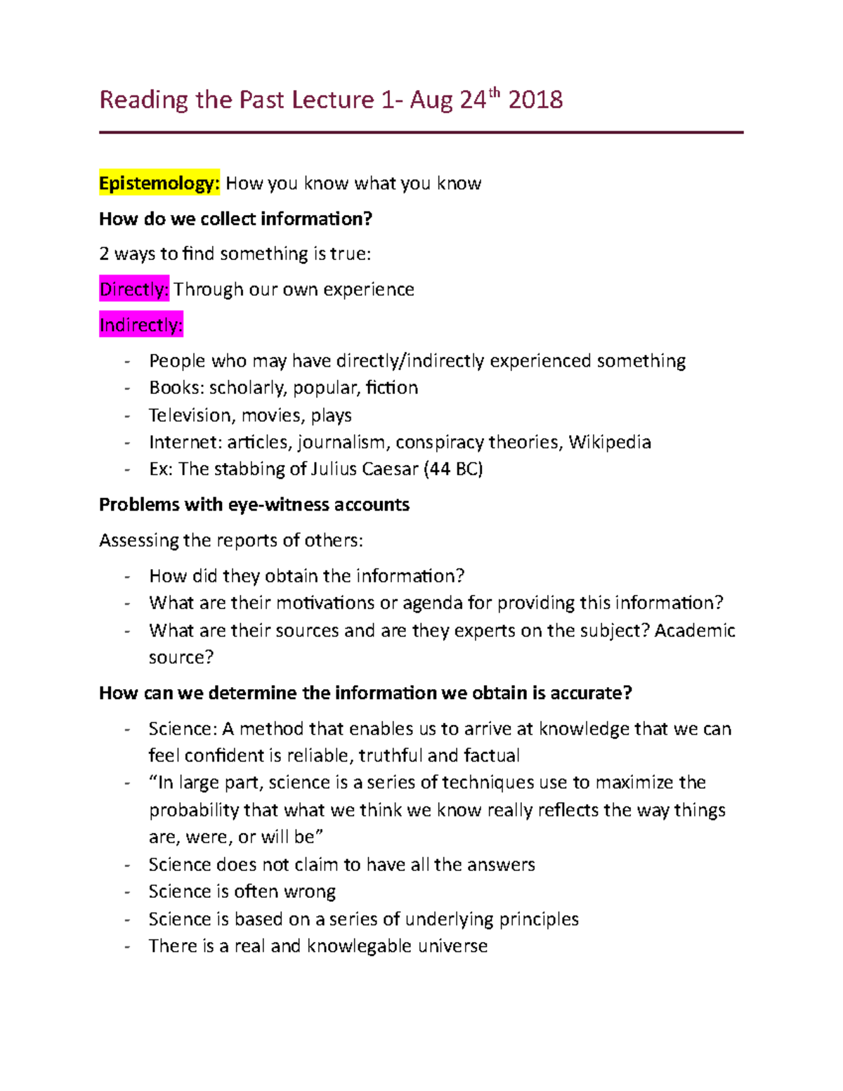 Reading the Past Notes - Reading the Past Lecture 1- Aug 24th 2018 ...