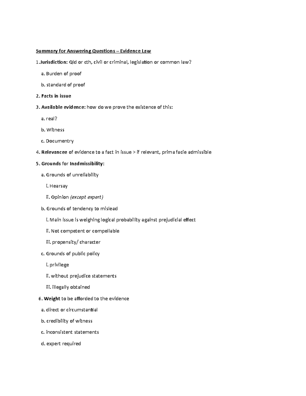 Summary for Answering Questions evidence - Evidence - Summary for ...