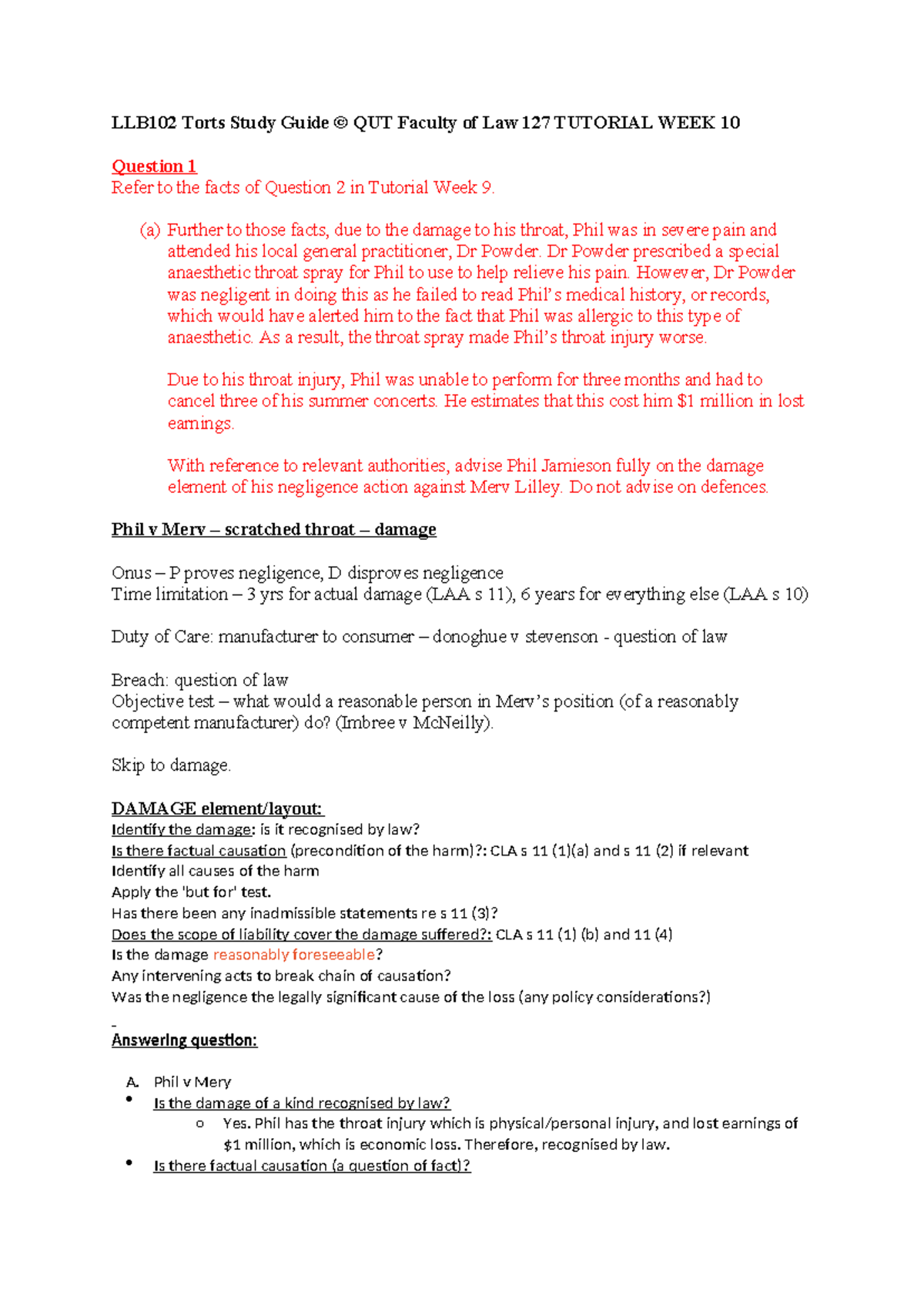 Wk 10 LLB102 Tutorial - Week 10 tut - LLB102 Torts Study Guide © QUT Faculty of Law 127 TUTORIAL ...