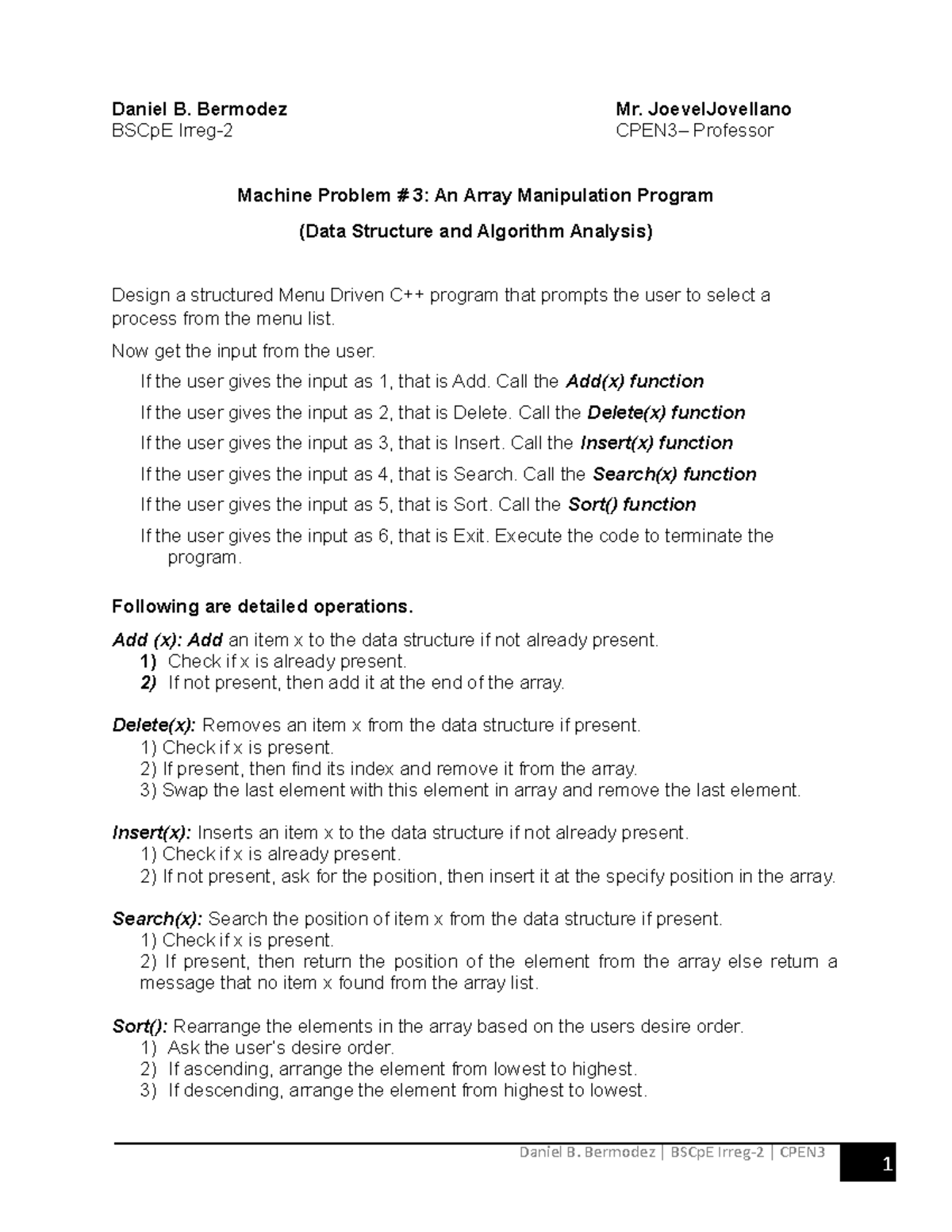 Array Manipulation - Daniel B. Bermodez | BSCpE Irreg-2 | CPEN Daniel B. Bermodez Mr. - Studocu