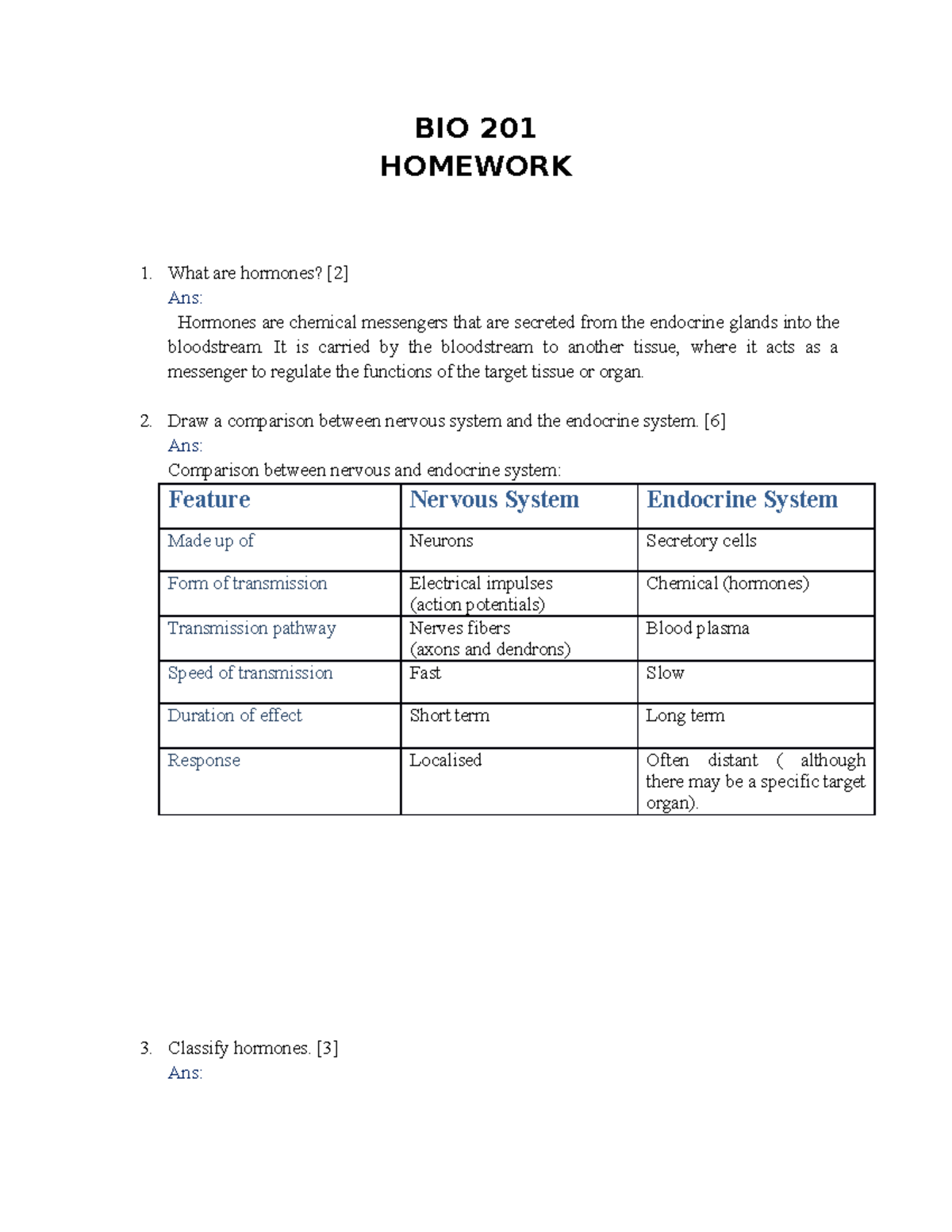 Anika Yasmin 2012 965048 - BIO 201 Homework - BIO 201 HOMEWORK What are ...