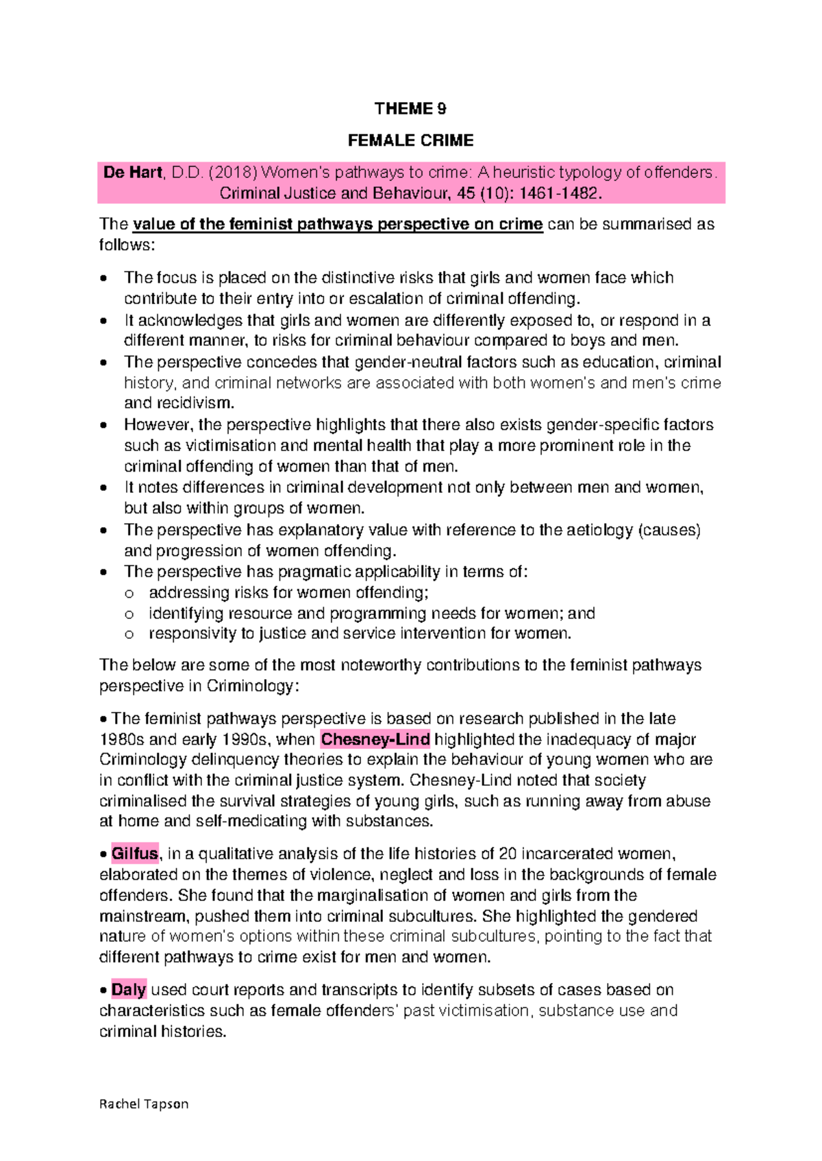 KRM 320A Theme 9 - THEME 9 FEMALE CRIME De Hart, D. (2018) Women’s ...