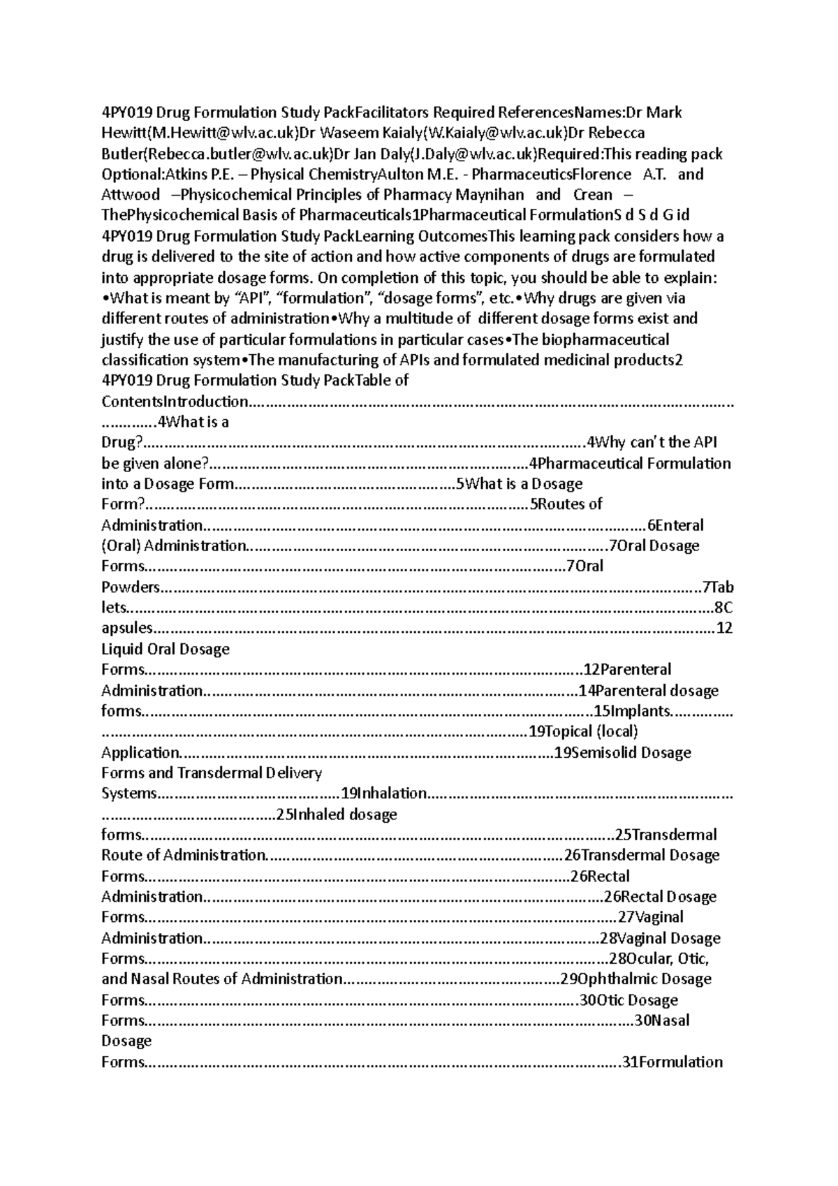pHarmacy notes 7 - 4PY019 Drug Formulation Study PackFacilitators ...
