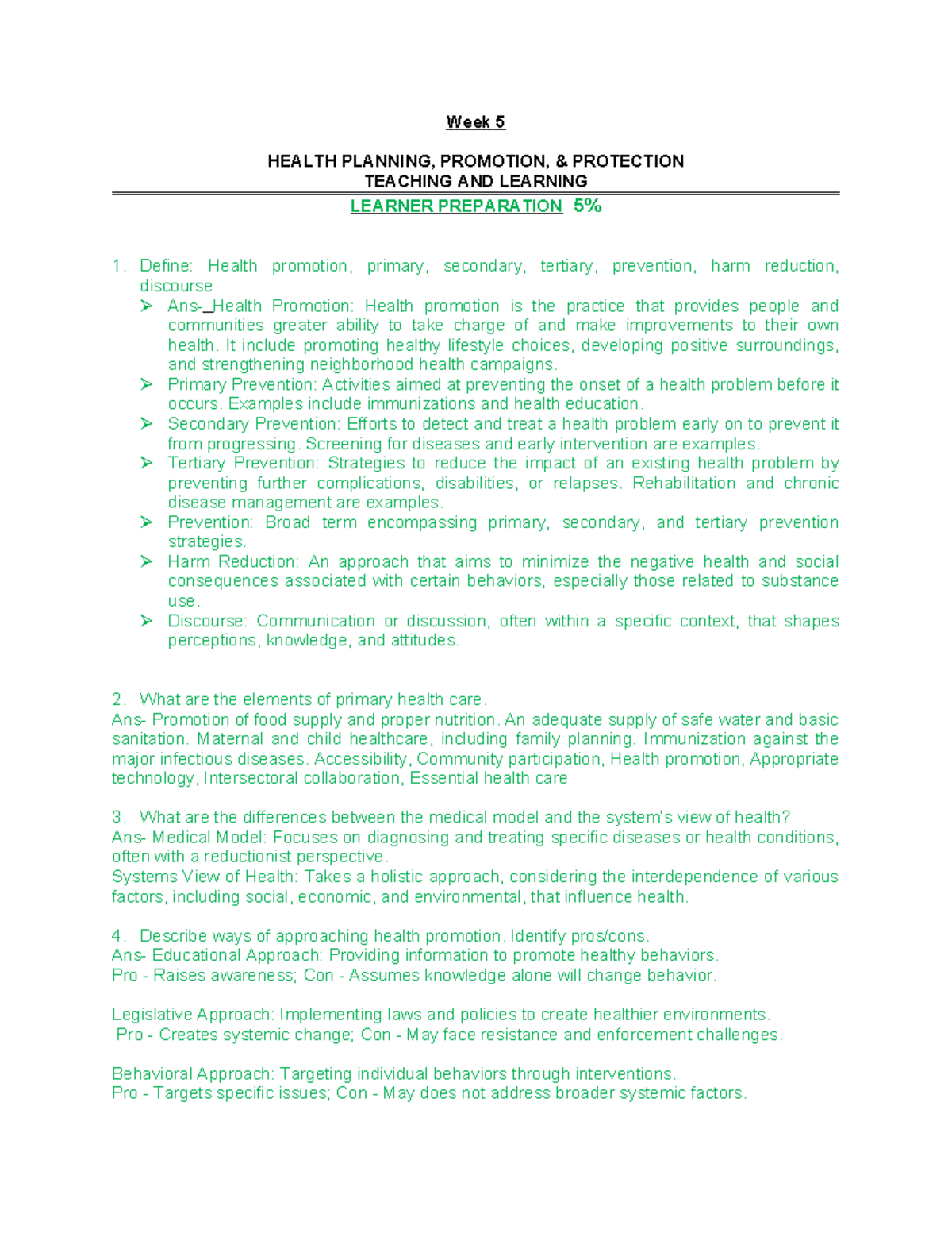 Week 5 - weekly practice - Week 5 HEALTH PLANNING, PROMOTION ...