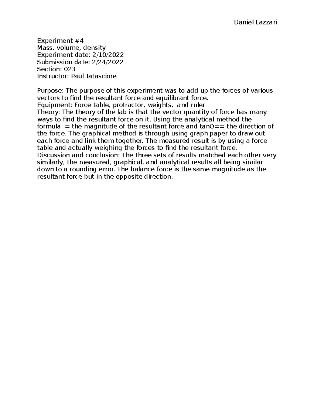 Physics lab 4 - a completed lab report that got an A - Daniel Lazzari ...