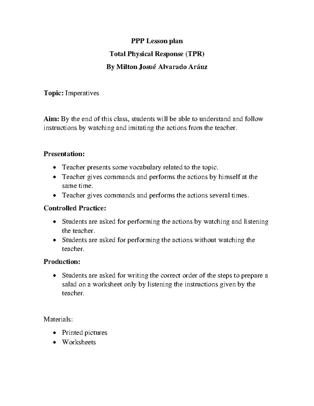 TPR Lesson plan - PPP Lesson plan Total Physical Response (TPR) By ...
