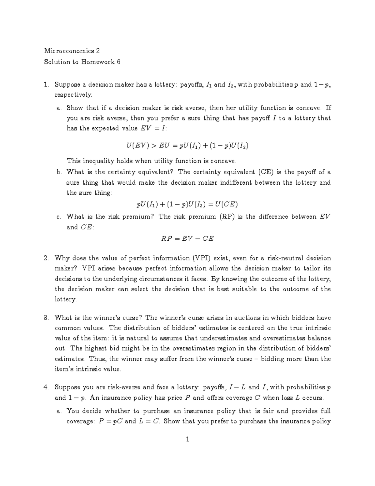 Solution 6 - Lecture notes 1,23,4 - Microeconomics 2 Solution to ...