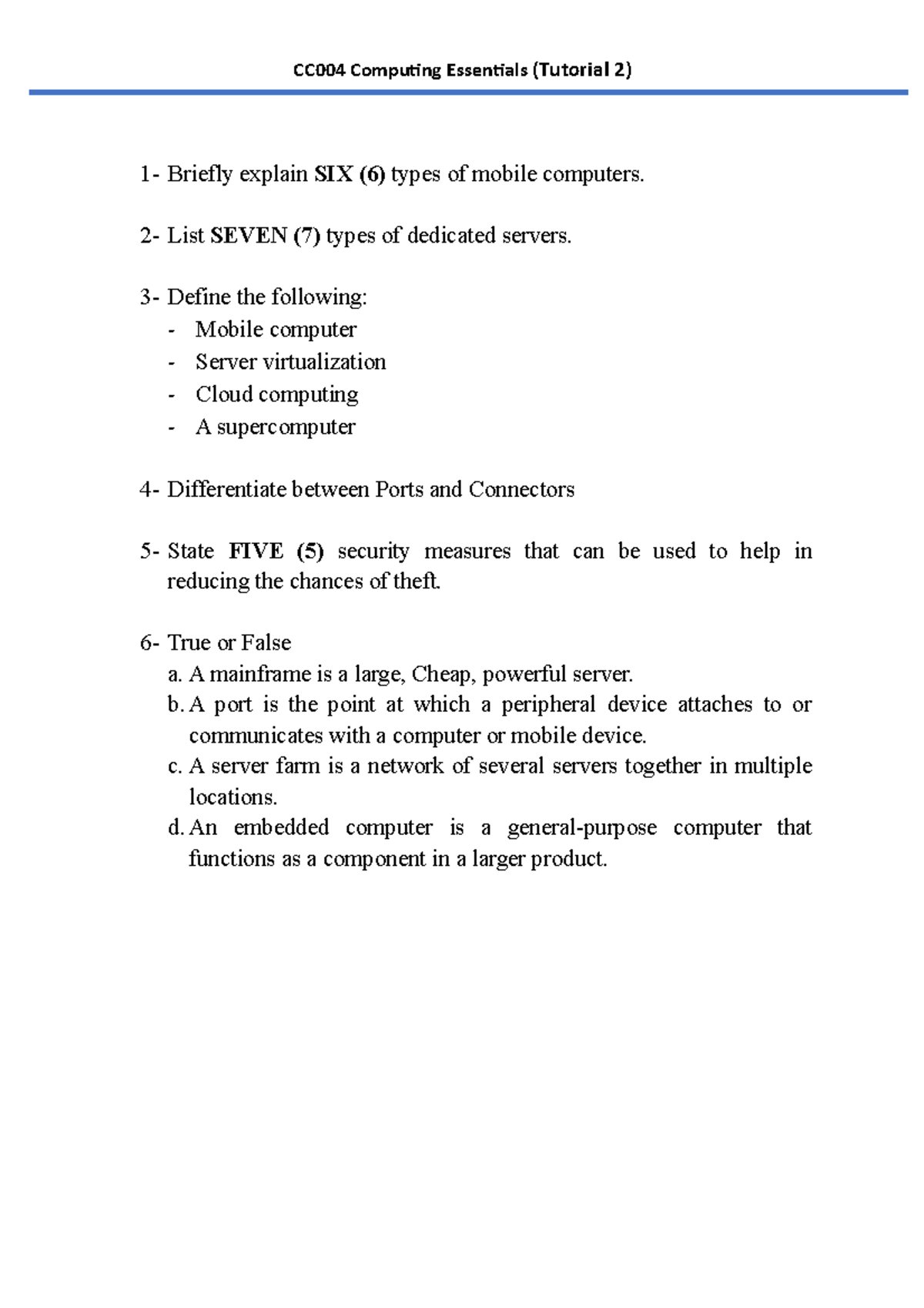 Tutorial computing - CC004 Computing Essentials (Tutorial 2) 1- Briefly ...