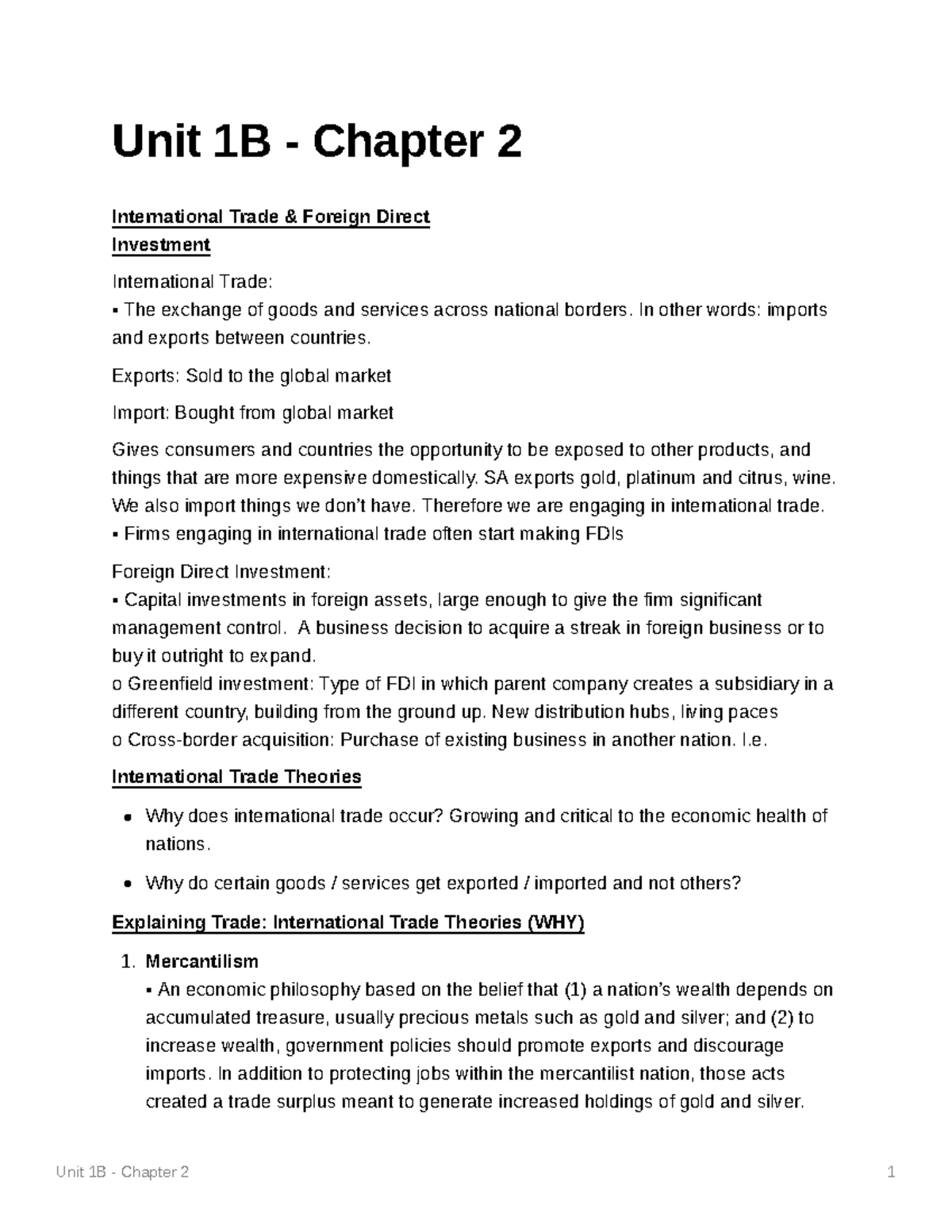 Unit 1B - Chapter 2 - In other words: imports and exports between countries. Exports: Sold to ...