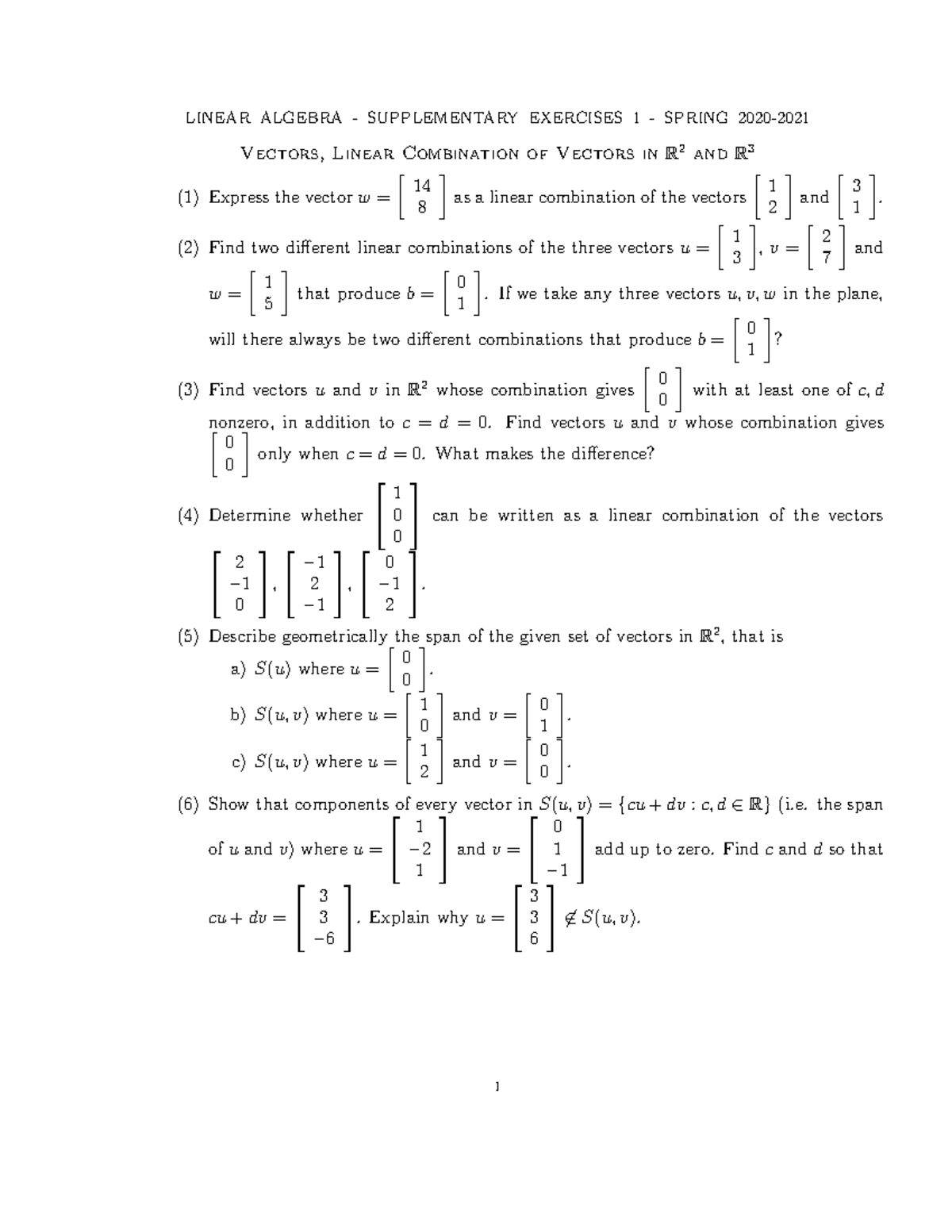 linear algebra Supplementary exercises 1 - Vectors, Linear Combination ...