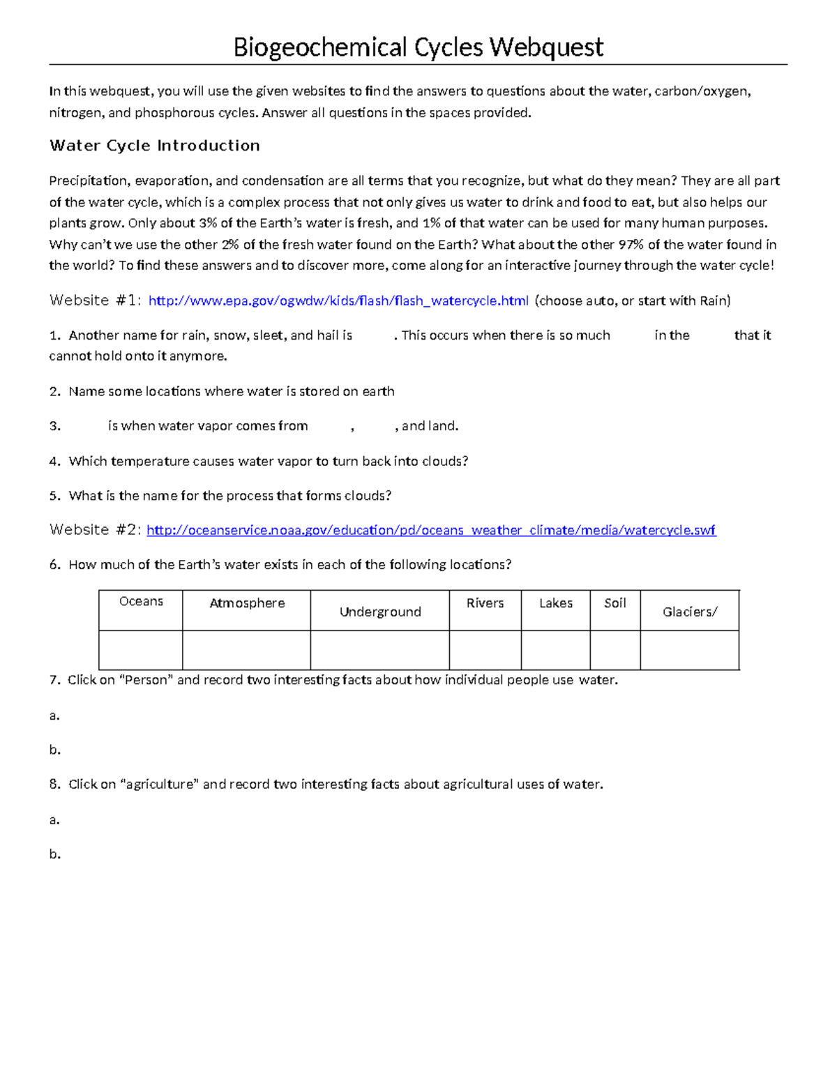 Biogeochemical Cycles WQ - Biogeochemical Cycles Webquest In this ...