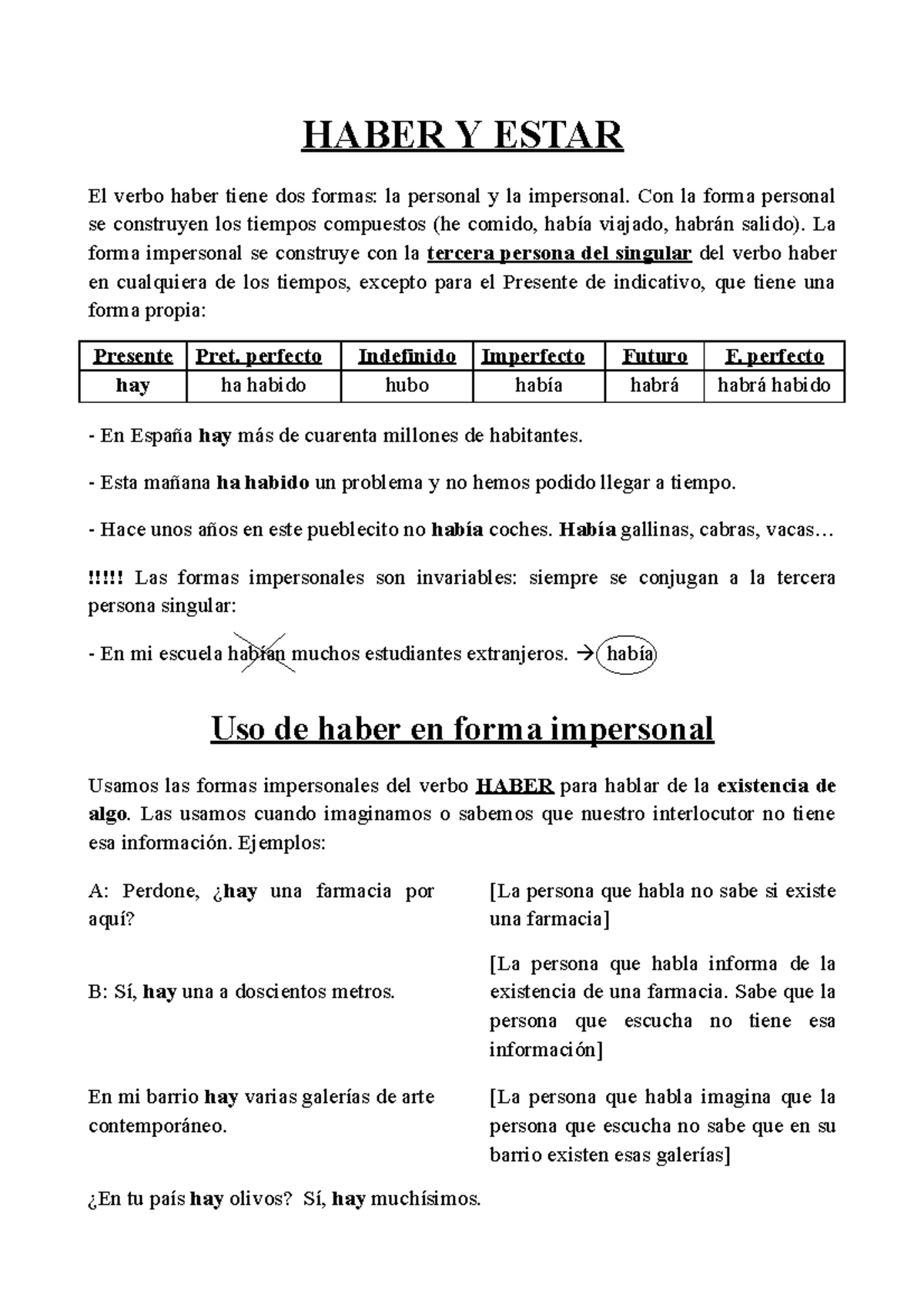 Haber y estar - Teoría + ejercicios - HABER Y ESTAR El verbo haber ...