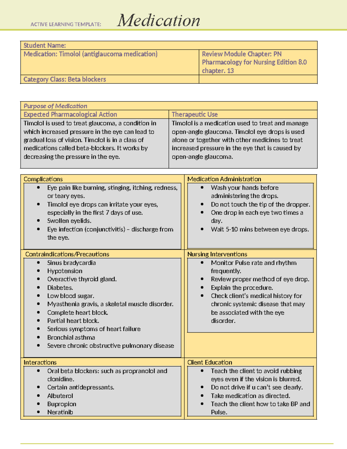 Term 2 Timolol (antiglaucoma medication) - Student Name: Medication ...