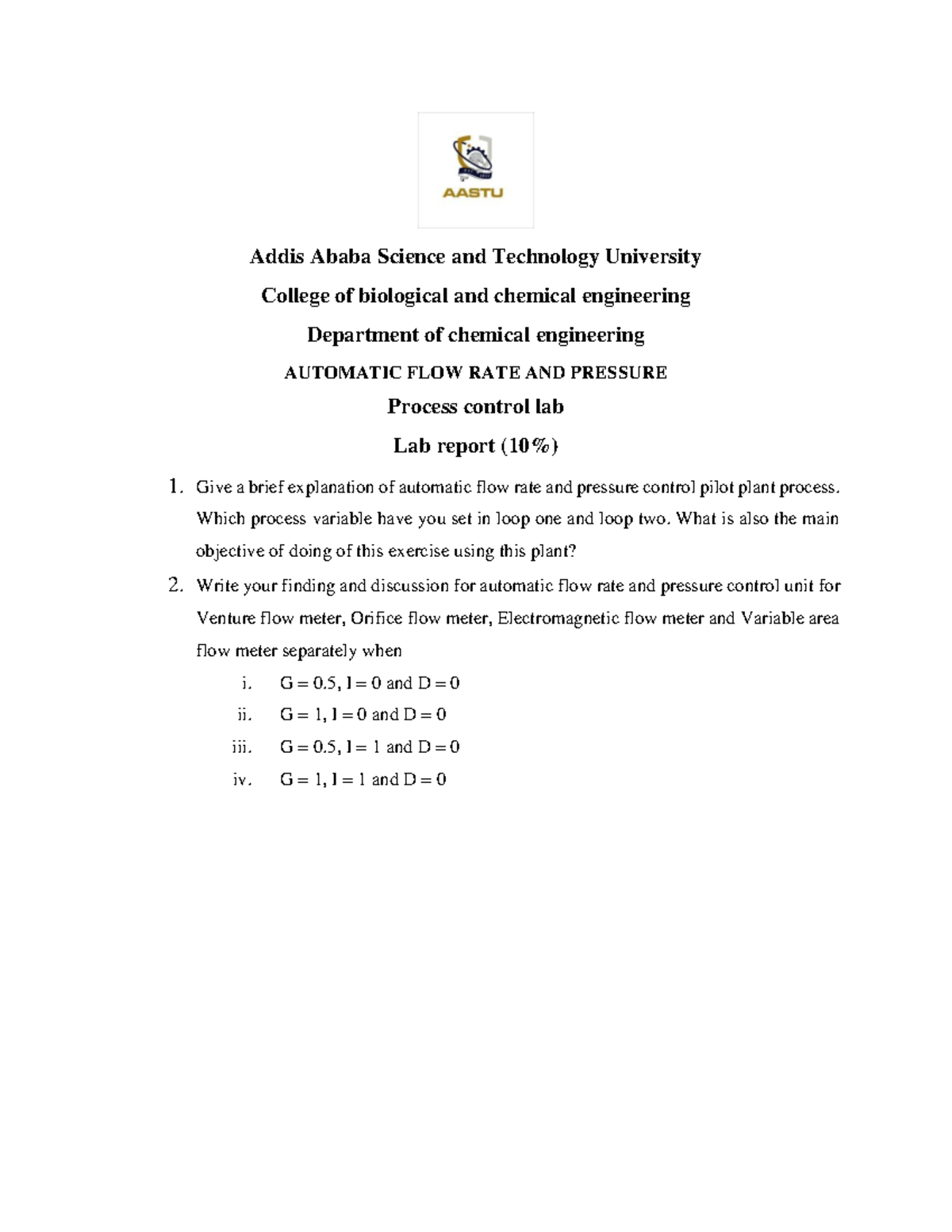 Automatic FLOW RATE AND Pressure lab report one - Addis Ababa Science ...