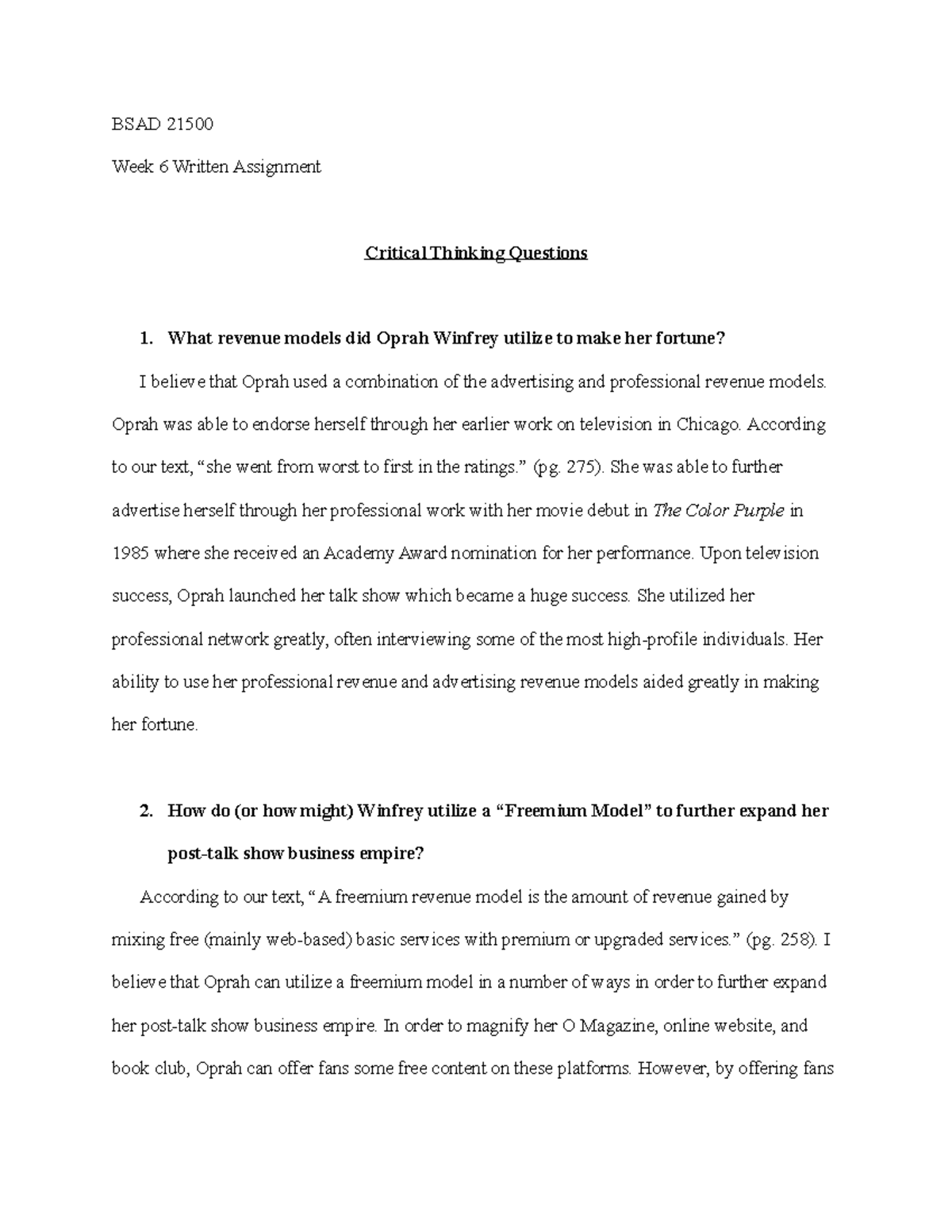 BSAD 21500 - Week 6 Written Assignment - BSAD 21500 Week 6 Written Assignment Critical Thinking ...