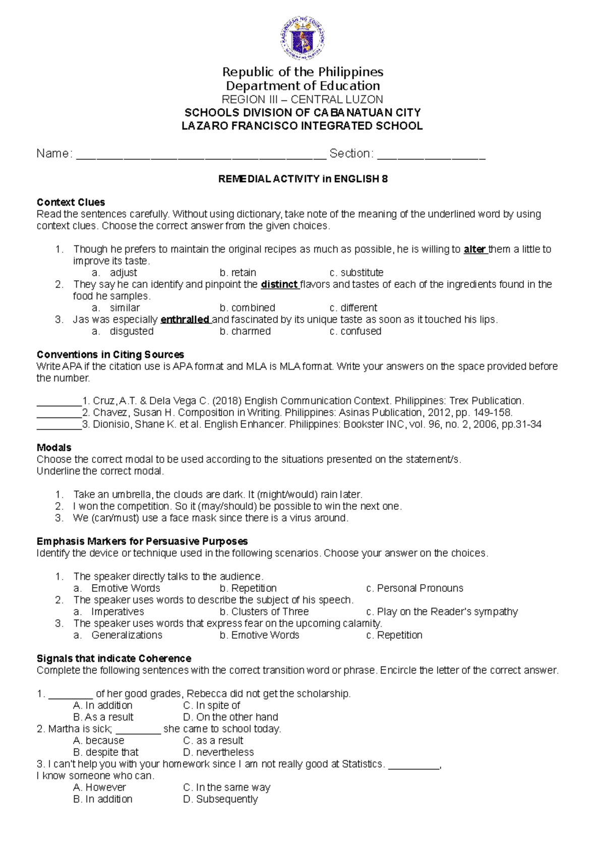 Remedial Activity in English 8 - Republic of the Philippines Department ...