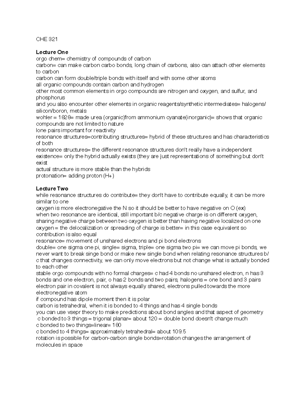 CHE 321 Lecture 1 and 2 Notes - CHE 321 Lecture One orgo chem ...