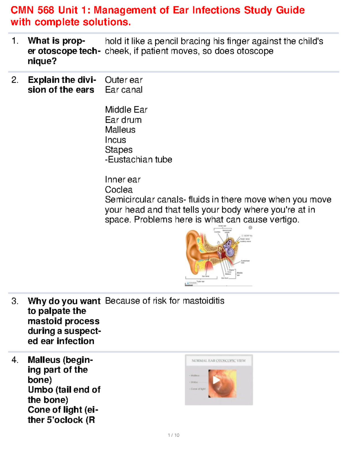 CMN 568 Unit 1 Management of Ear Infections Study Guide with complete solutions - CMN_- 568 ...