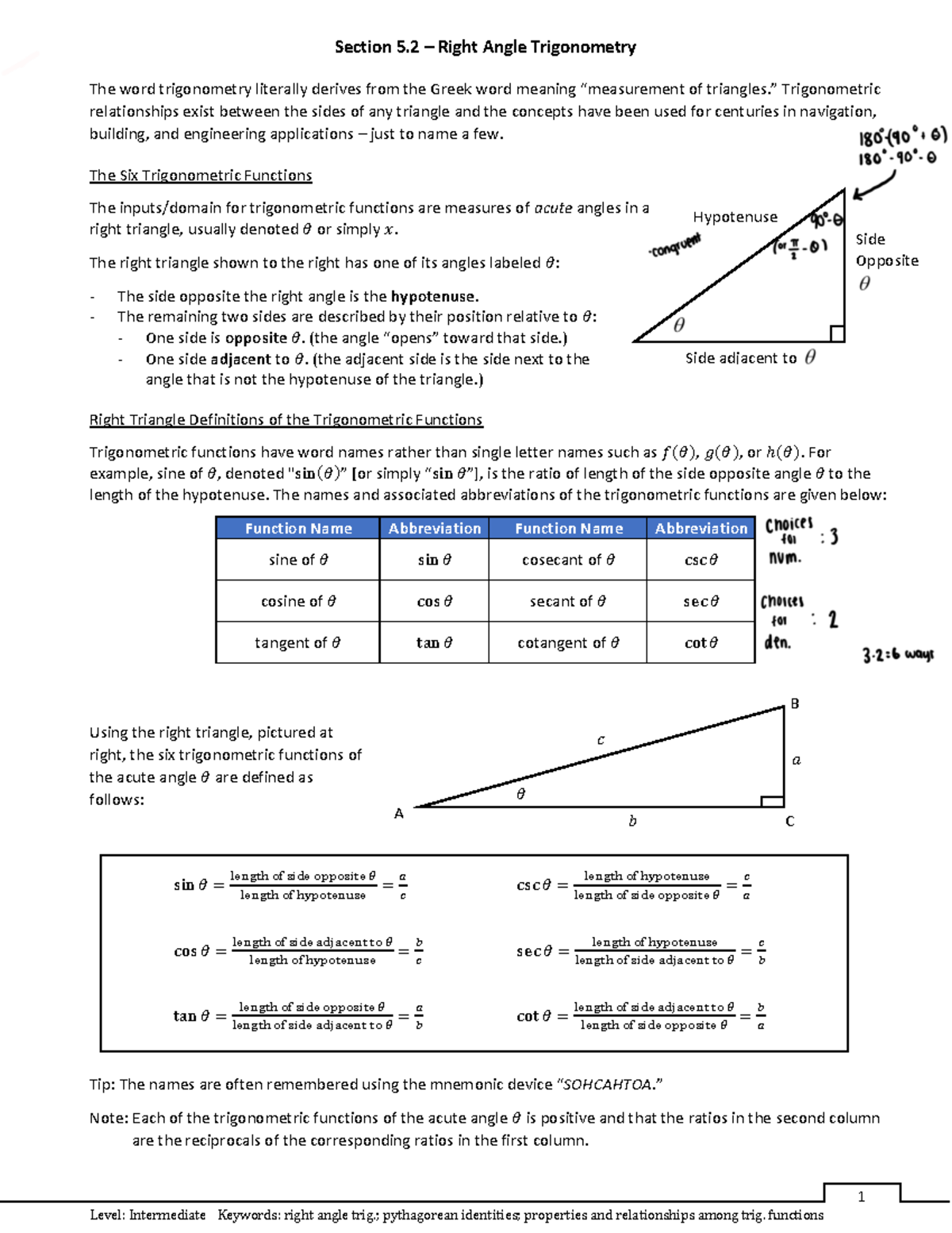 5.2 - Right Angle Trigonometry - 1 The word trigonometry literally ...