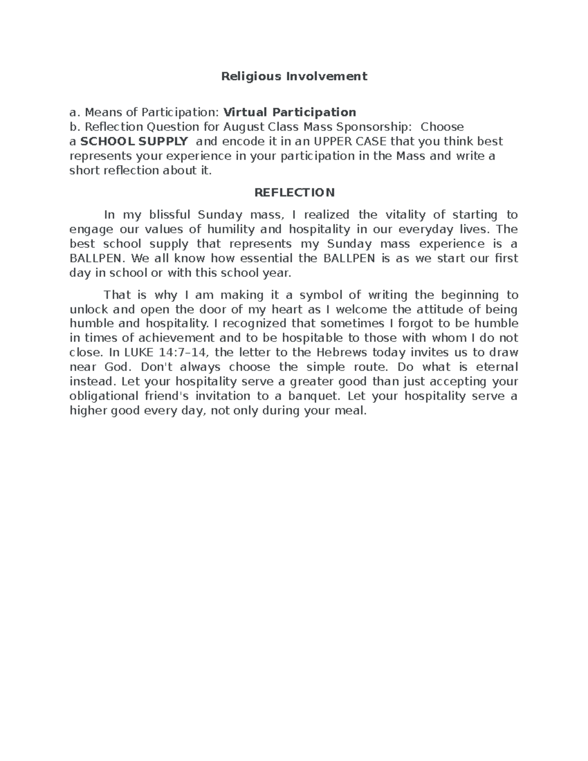 Munar CFE 103 Religious Involvement 2 - Religious Involvement a. Means ...