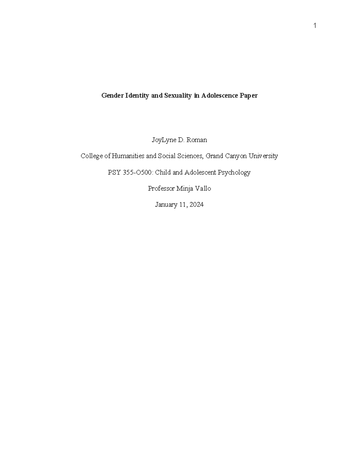 Gender Identity and Sexuality in Adolescence Paper - Roman College of ...