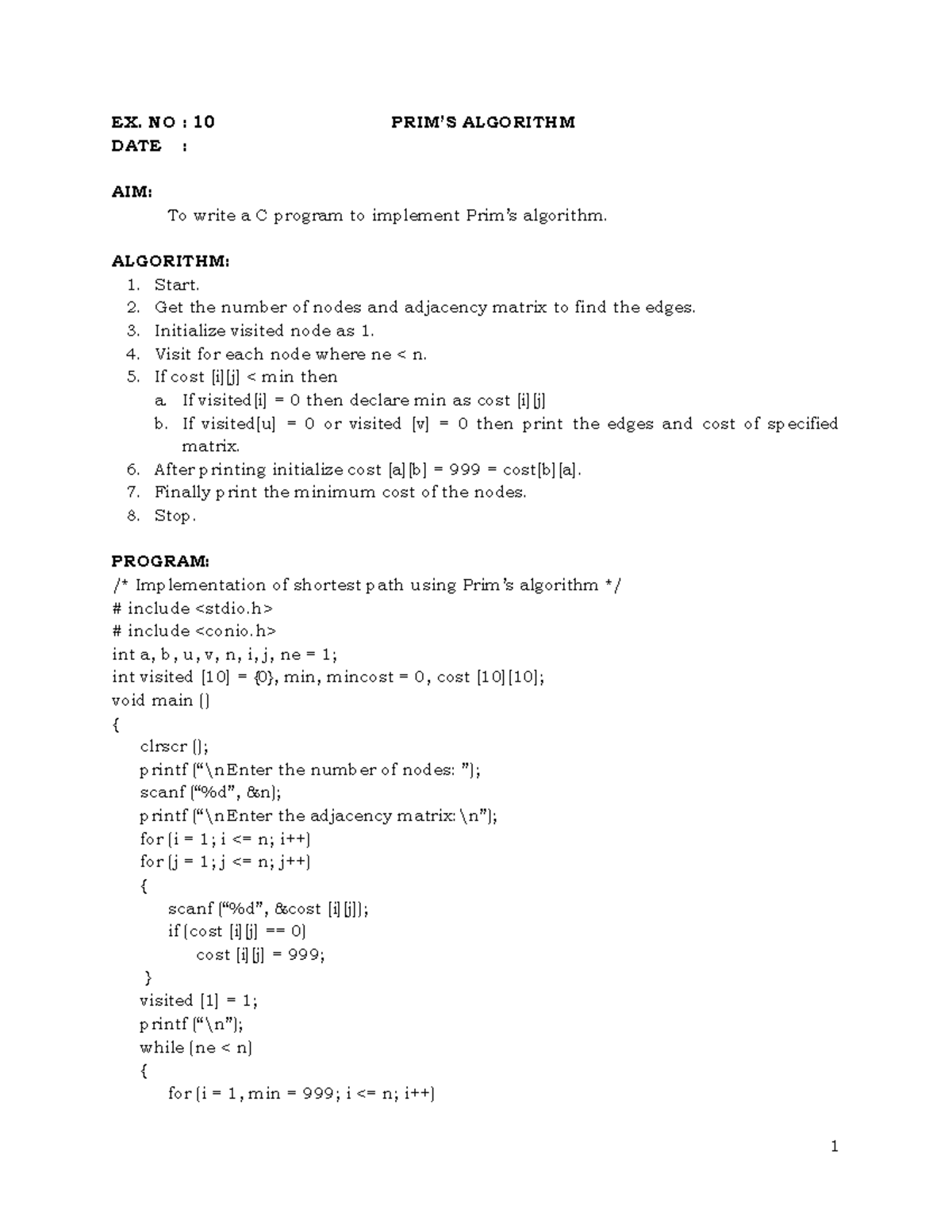 Ds Lab Ex No 10 Ds Lab 1 Ex No 10 Prims Algorithm Date Aim To Write A C Program