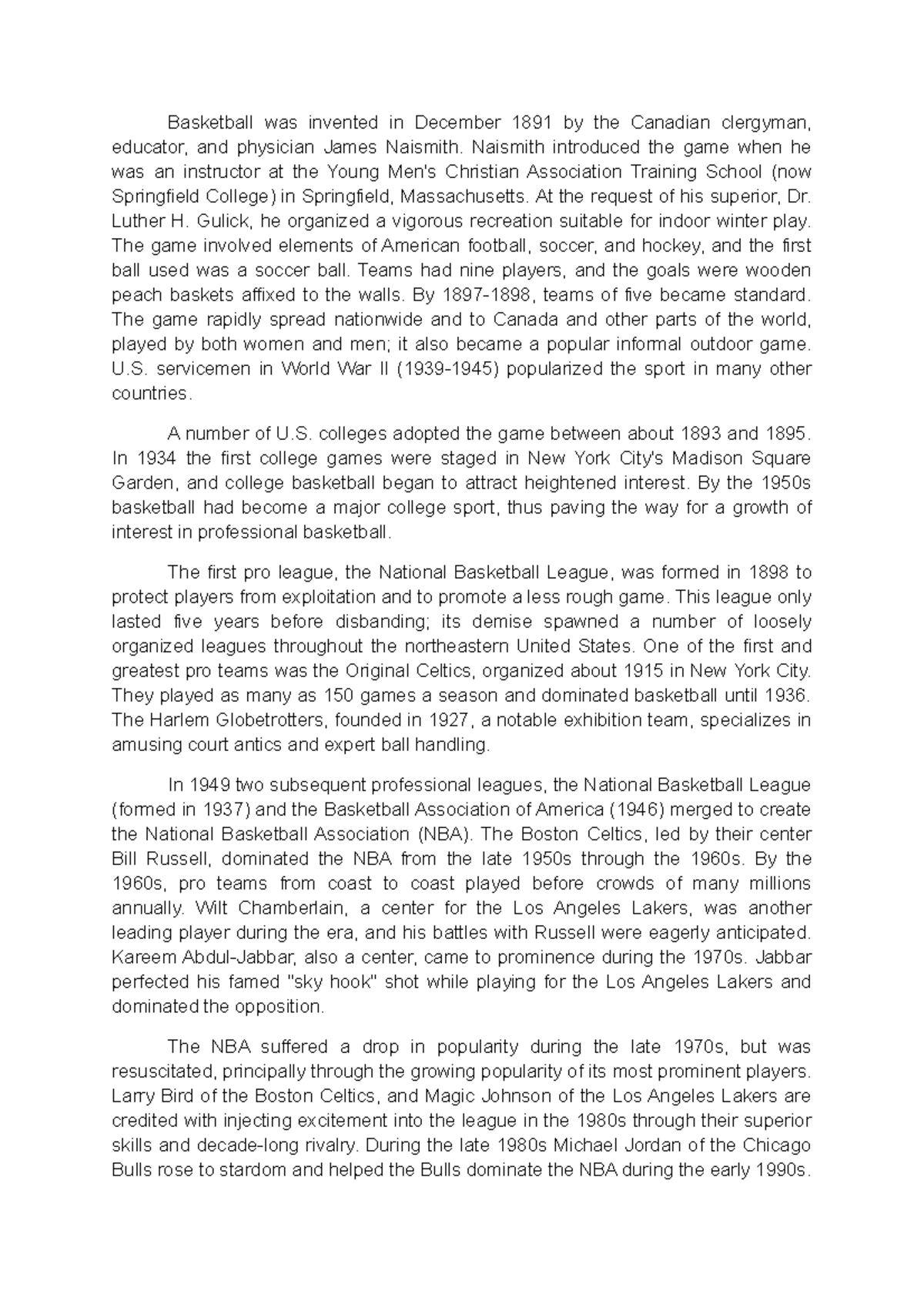 History OF Basketball - Salvador AB ENG ELS 3110 Language of Literary ...