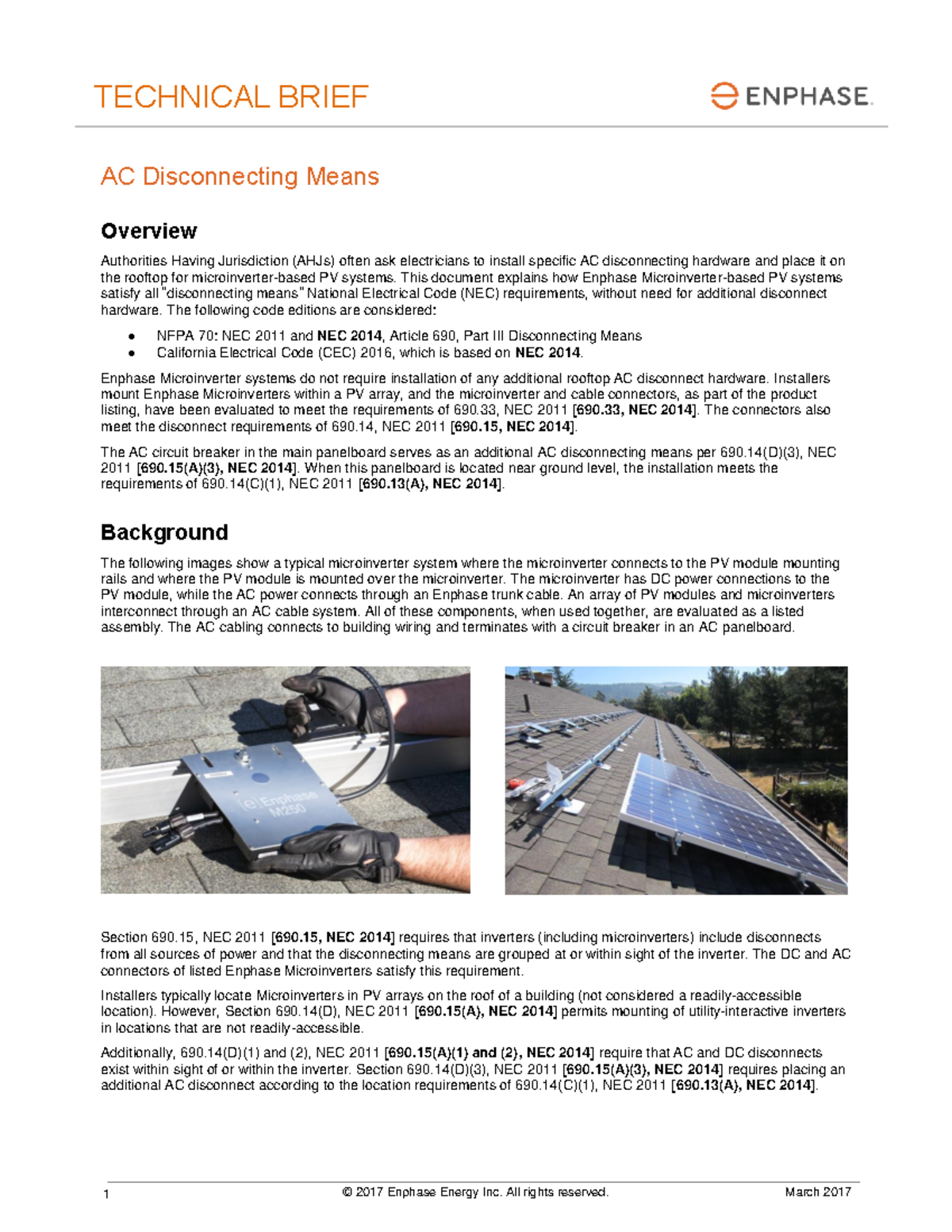 Enphase Tech Brief AC Disconnecting Means - TECHNICAL BRIEF 1 © 2017 Enphase Energy Inc. All ...