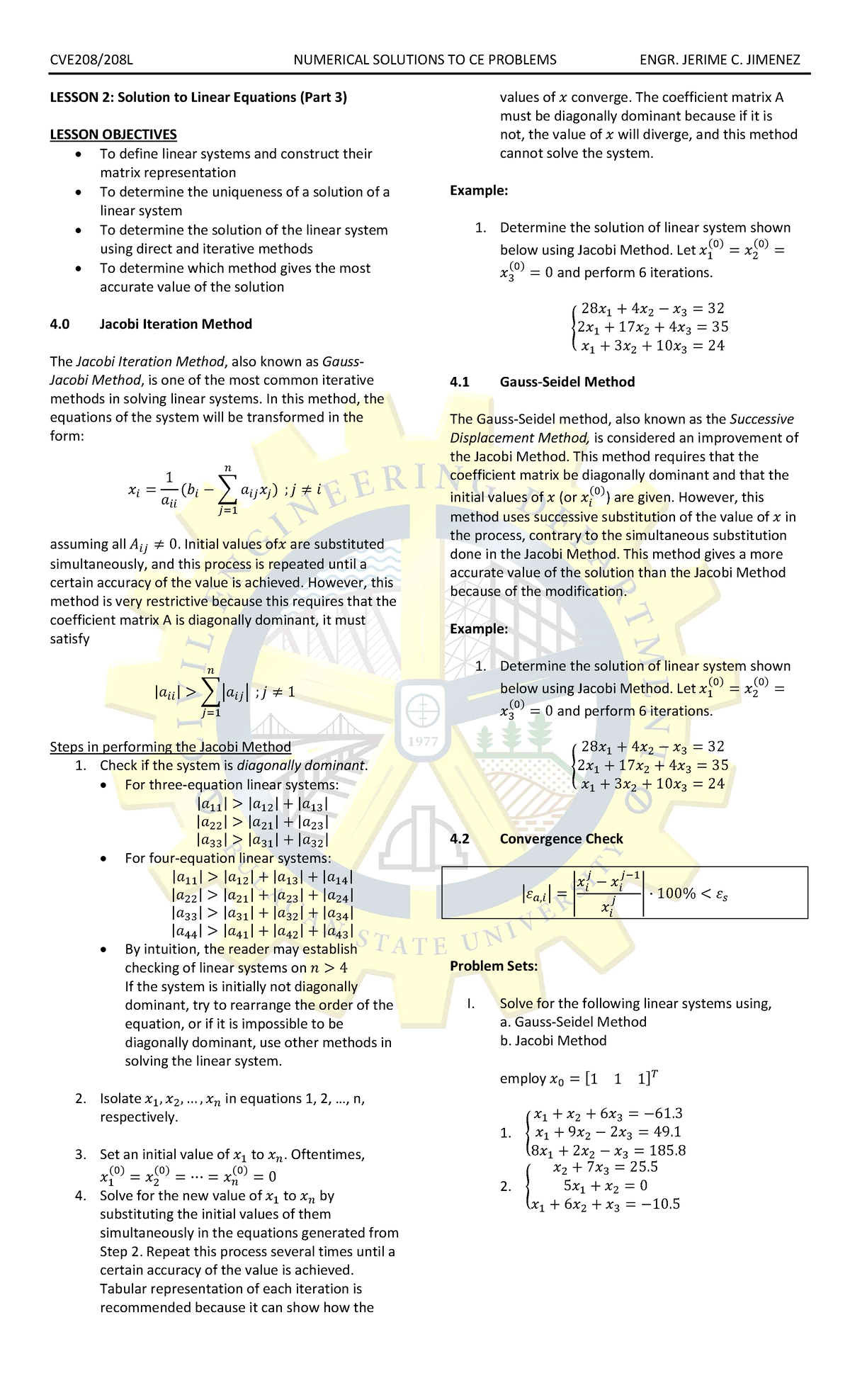 CVE208.Num Sol.SSLinear Equations - CVE208/208L NUMERICAL SOLUTIONS TO ...