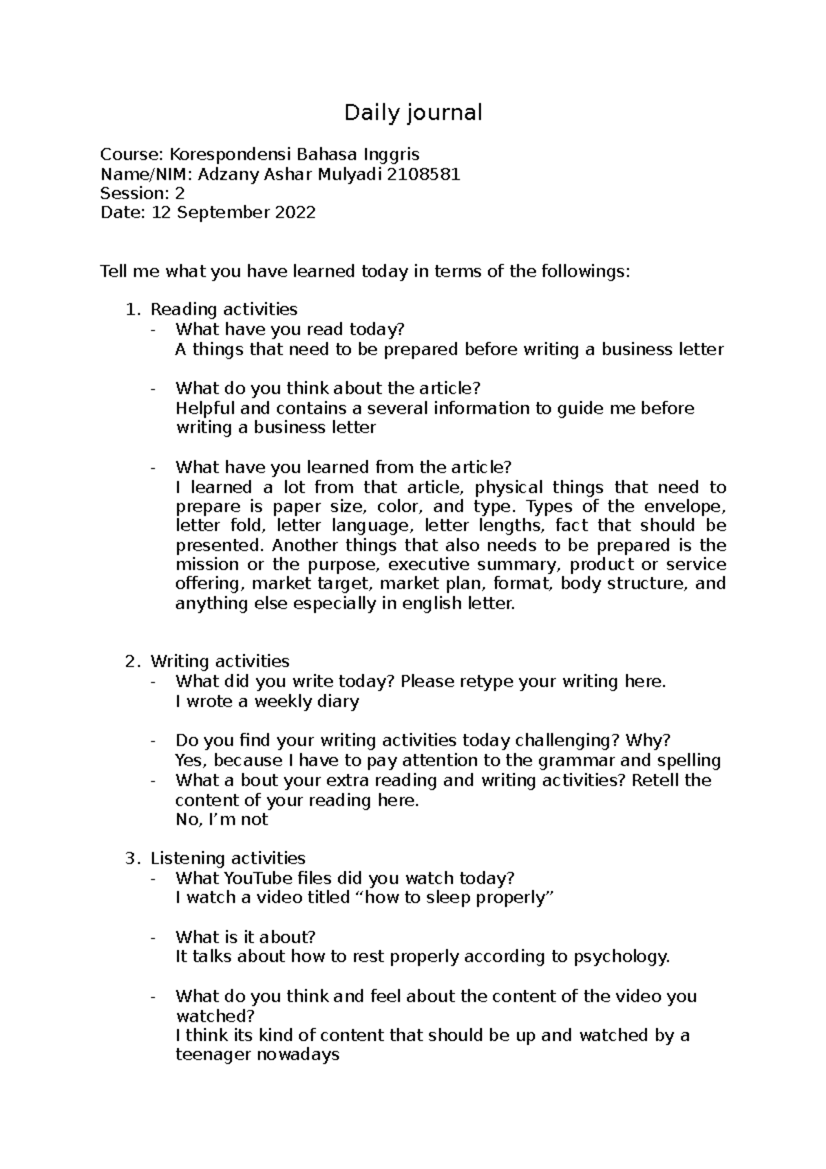 Daily journal at English Course to reflect student's understanding ...