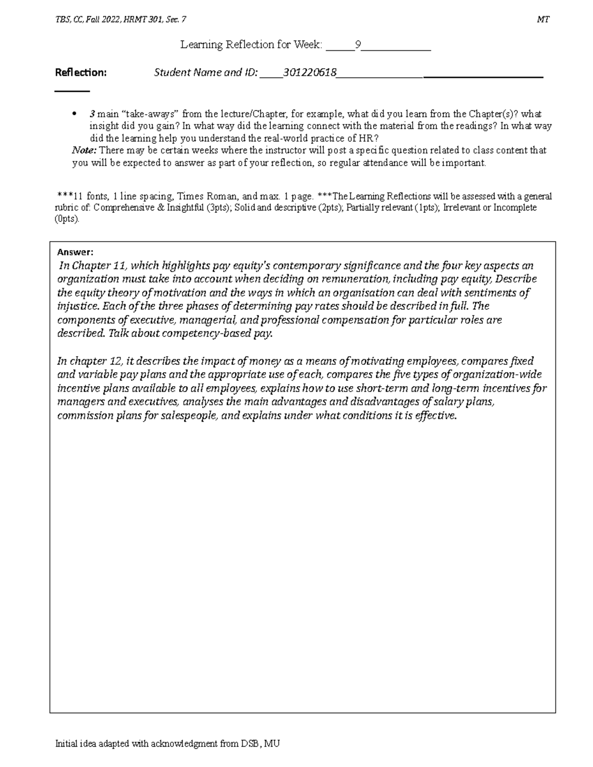 Template of Reflection Report - HRMT 301 Sec. 007 chapter 11 and 12 ...