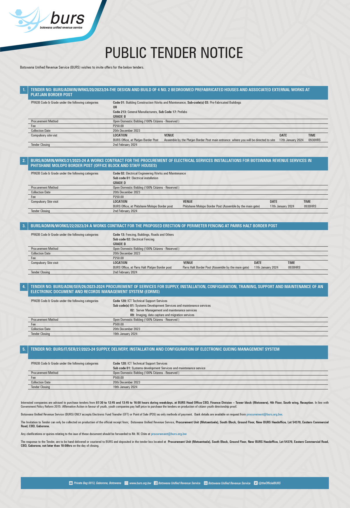 Various BURS Tenders December 2023 - PUBLIC TENDER NOTICE Botswana ...