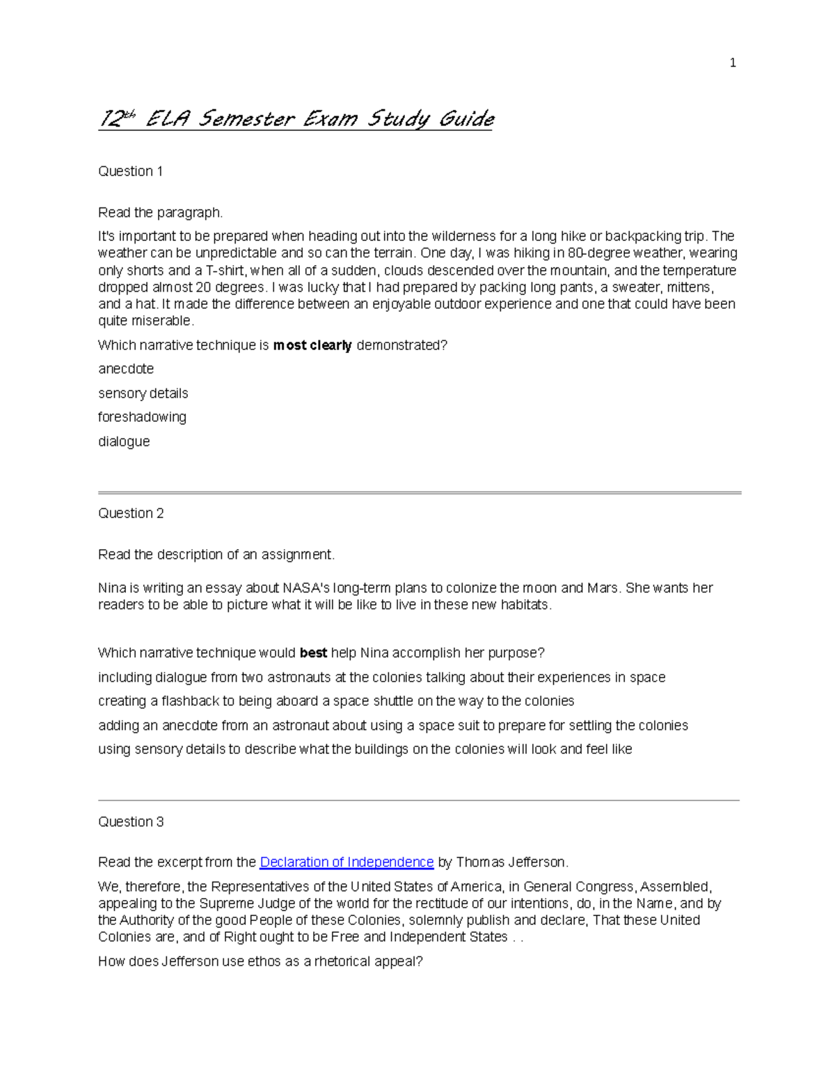 The EDGE 12A - assignment - 12 th ELA Semester Exam Study Guide ...