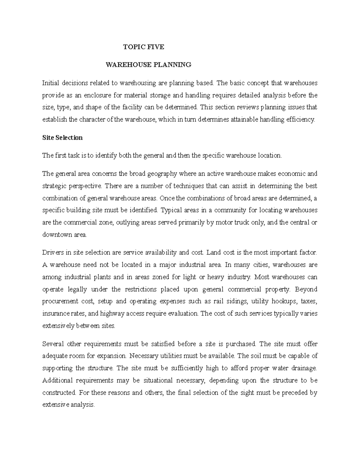 Lesson 5 warehouse planning - TOPIC FIVE WAREHOUSE PLANNING Initial ...