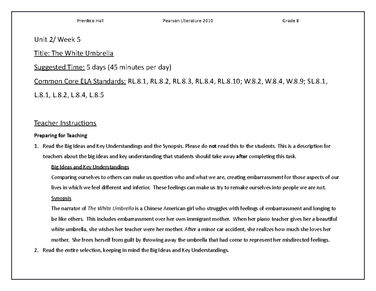 8. The White Umbrella. lesson - Anthology - Unit 2/ Week 5 Title: The ...