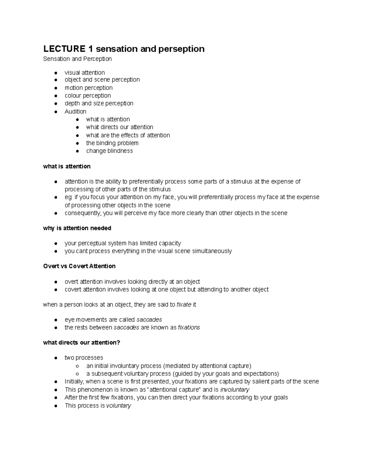 Lecture 1-6 sensation and perception notes - LECTURE 1 sensation and ...