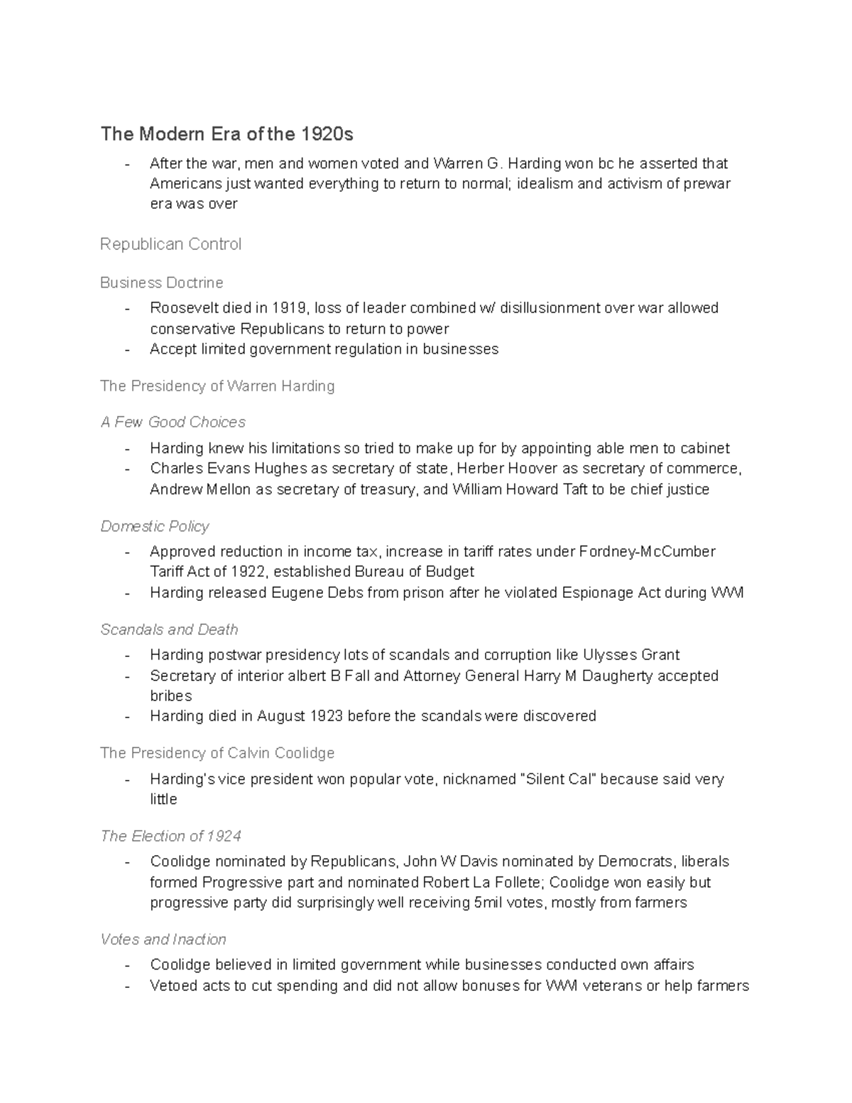 Chapter 23 Notes - The Modern Era of the 1920s After the war, men and ...
