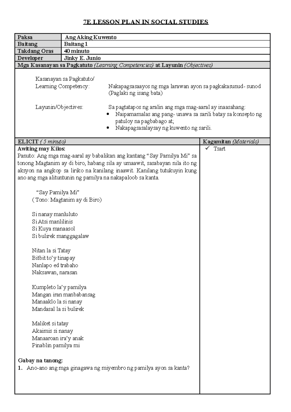Lesson plan - use only this for reference - 7E LESSON PLAN IN SOCIAL ...