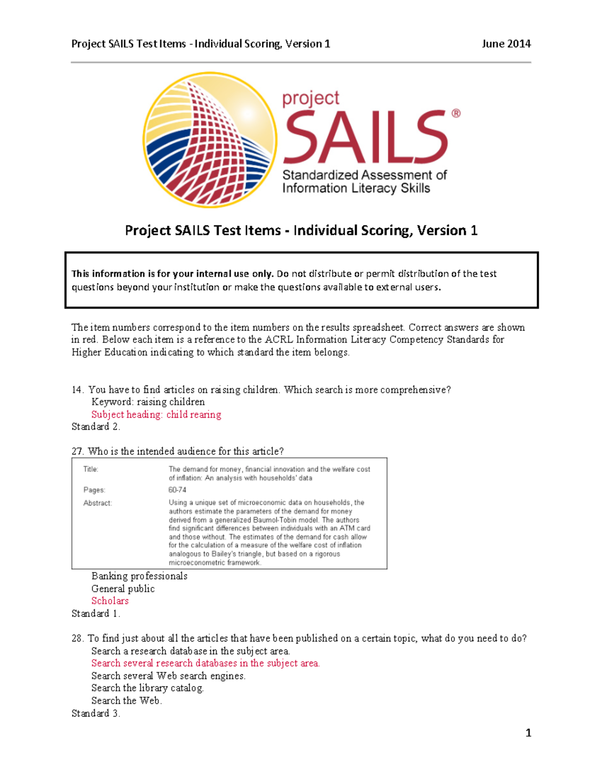 Sails Test Version 1 2014 - Project SAILS Test Items -­‐ Individual ...