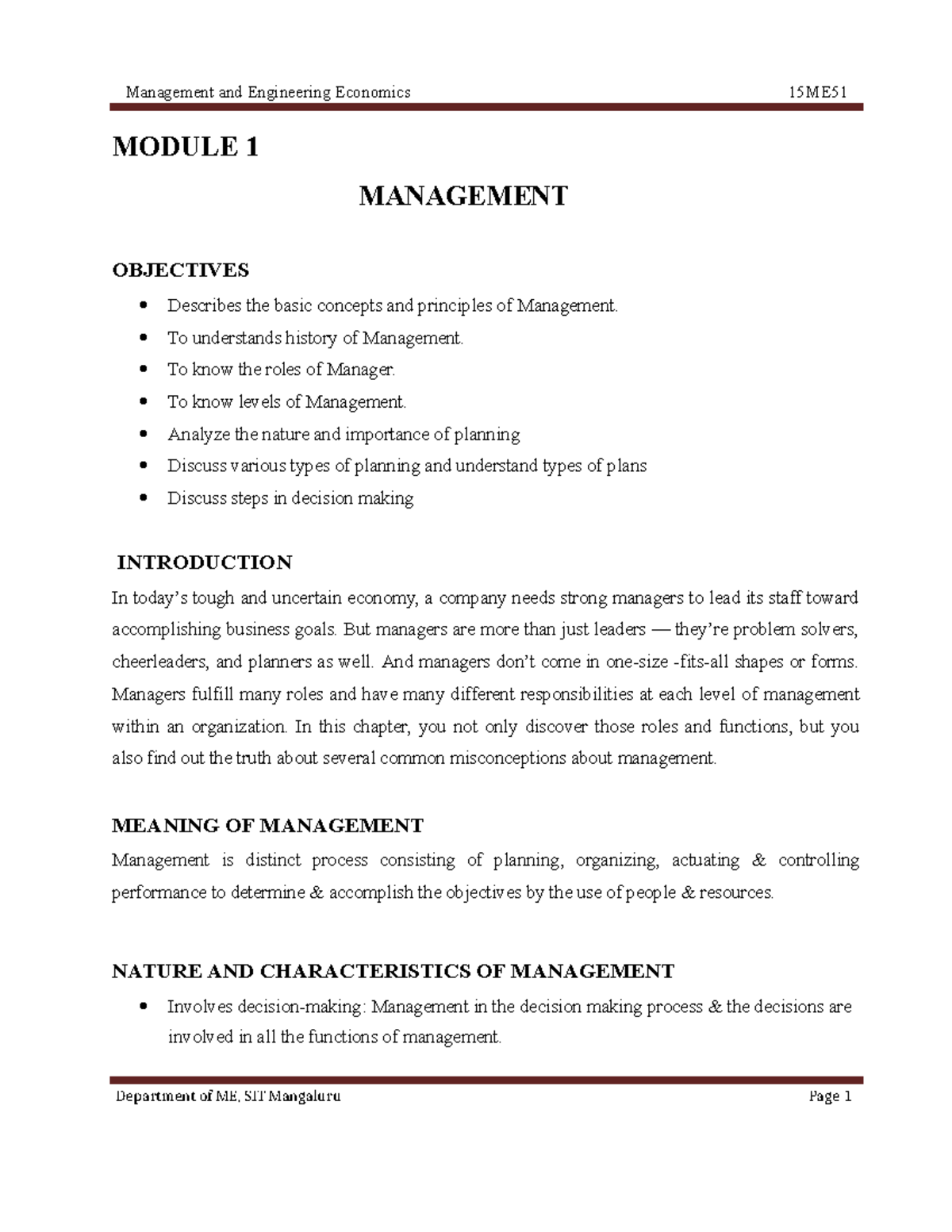 Management and economics Module 1 - Mechanical Engineering - VTU - Studocu