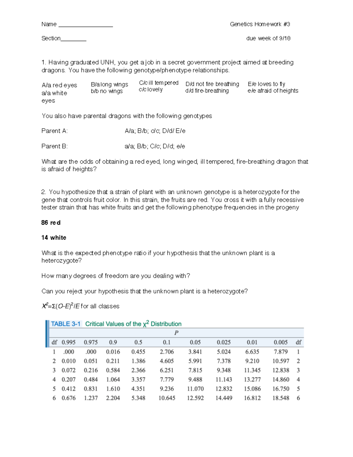 Homework Assignment 3 - Name _________________ Genetics Homework #3 ...