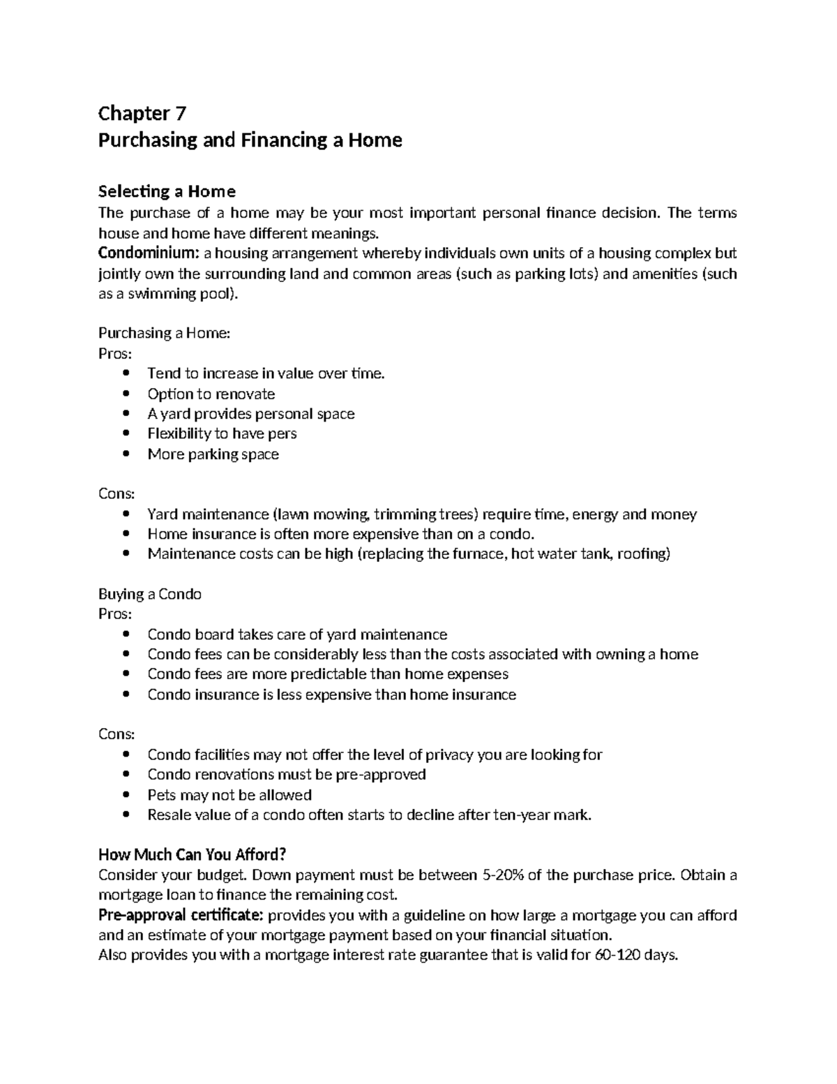 Chapter 7 FINC 1100 - Notes - Chapter 7 Purchasing and Financing a Home ...