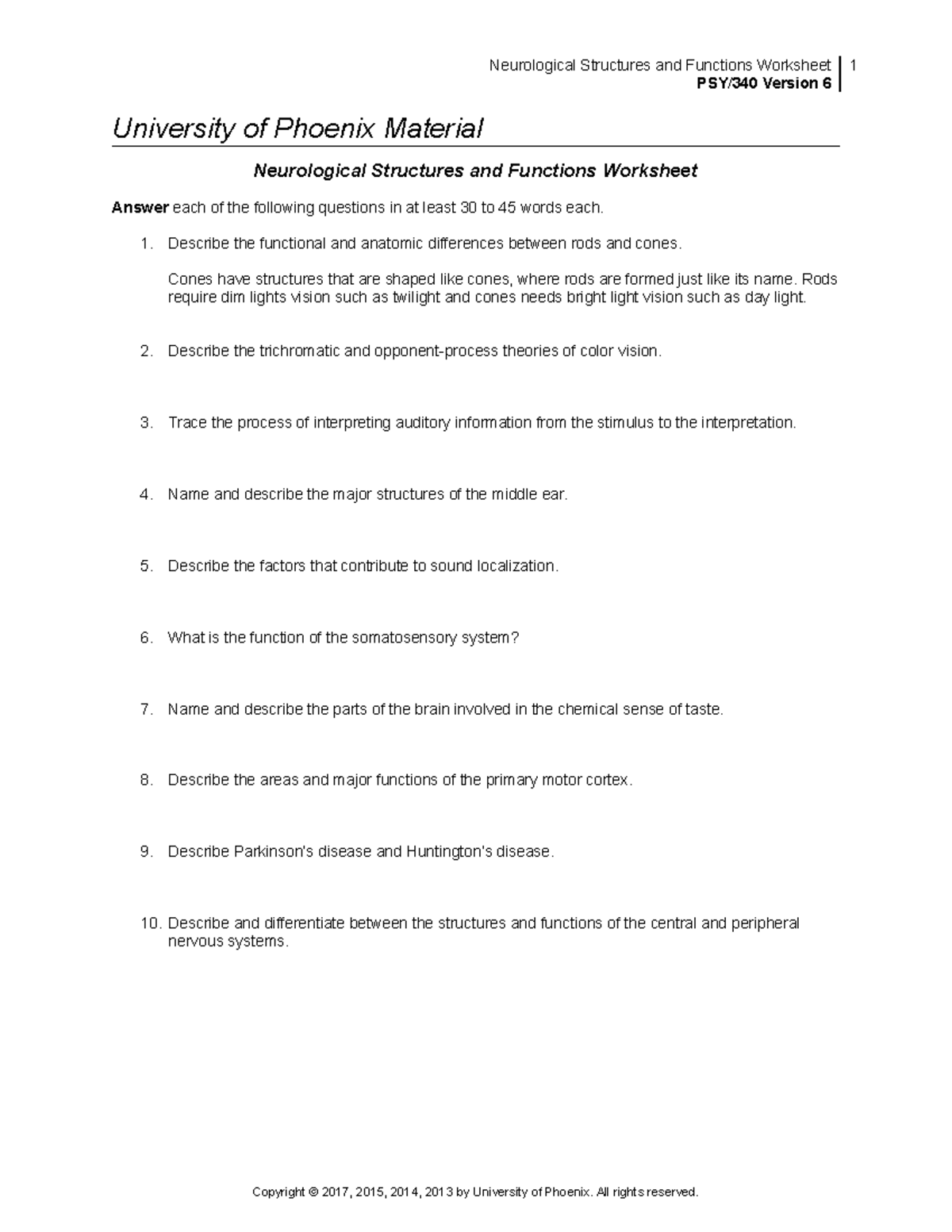PSY340r6 Week 3 Worksheet - Neurological Structures and Functions ...