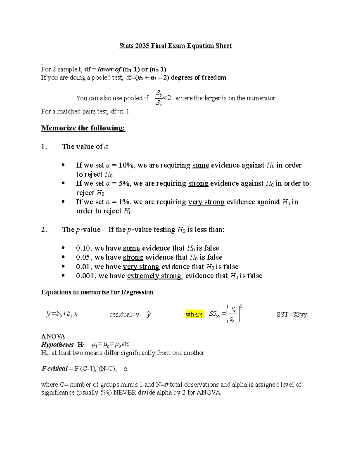 Stats 2035 Final Exam Written material to memorize - Stats 2035 Final ...