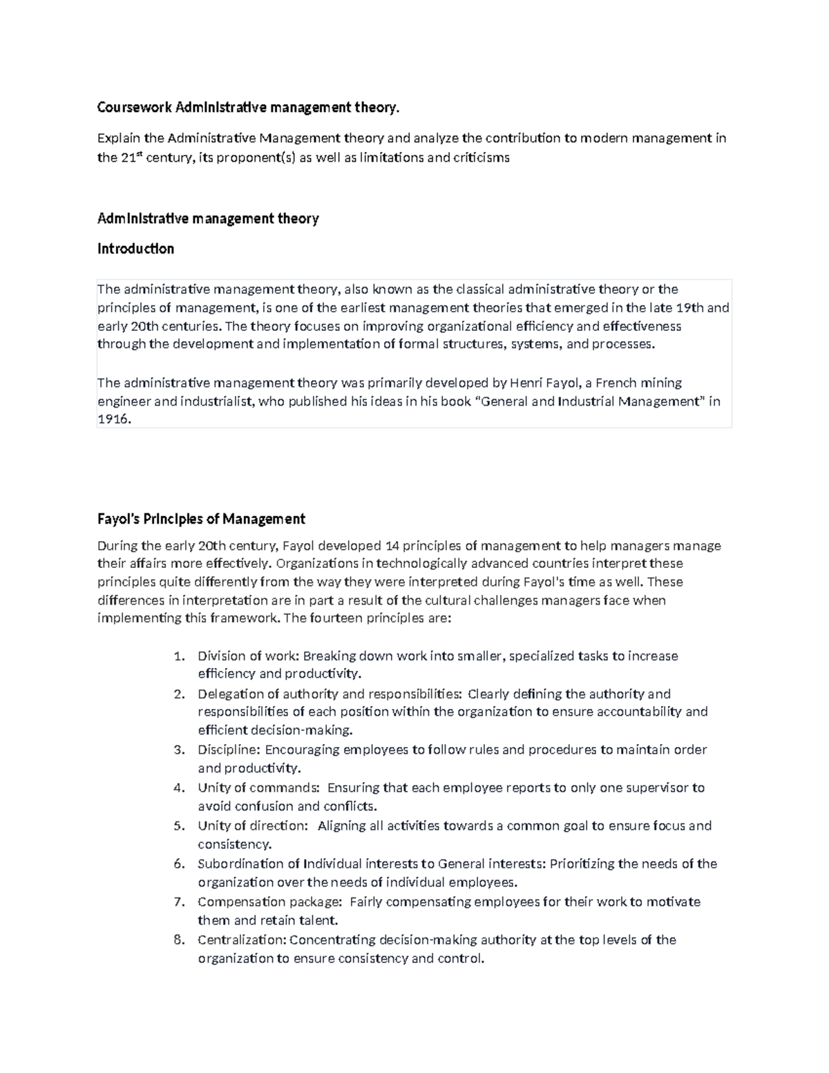 Coursework Administrative management theory - Explain the ...
