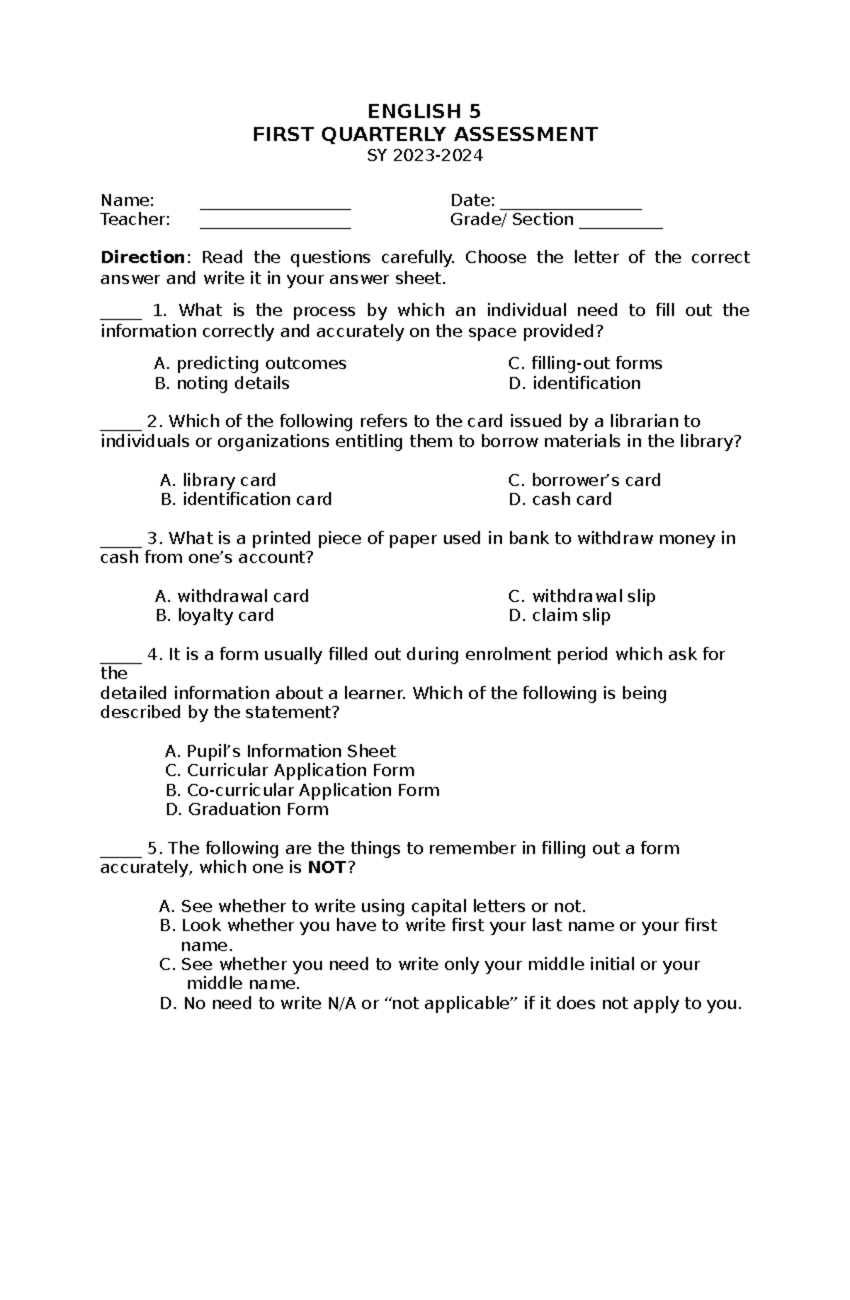 PT English 5 Q1 - ENGLISH 5 FIRST QUARTERLY ASSESSMENT SY 2023- Name ...